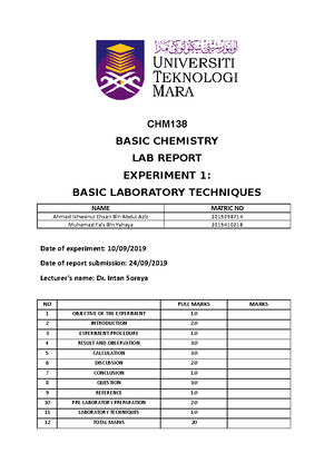 Experiment 1 CHM138: Introduction To The Volumetric Glassware - CHM 138 ...