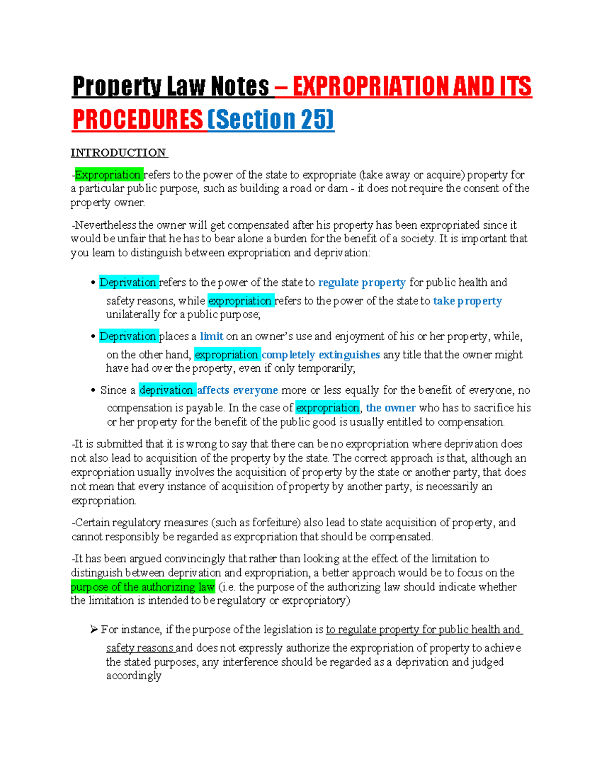 Property Law - Expropriation Procedures and Case Analysis (LAW 101 ...