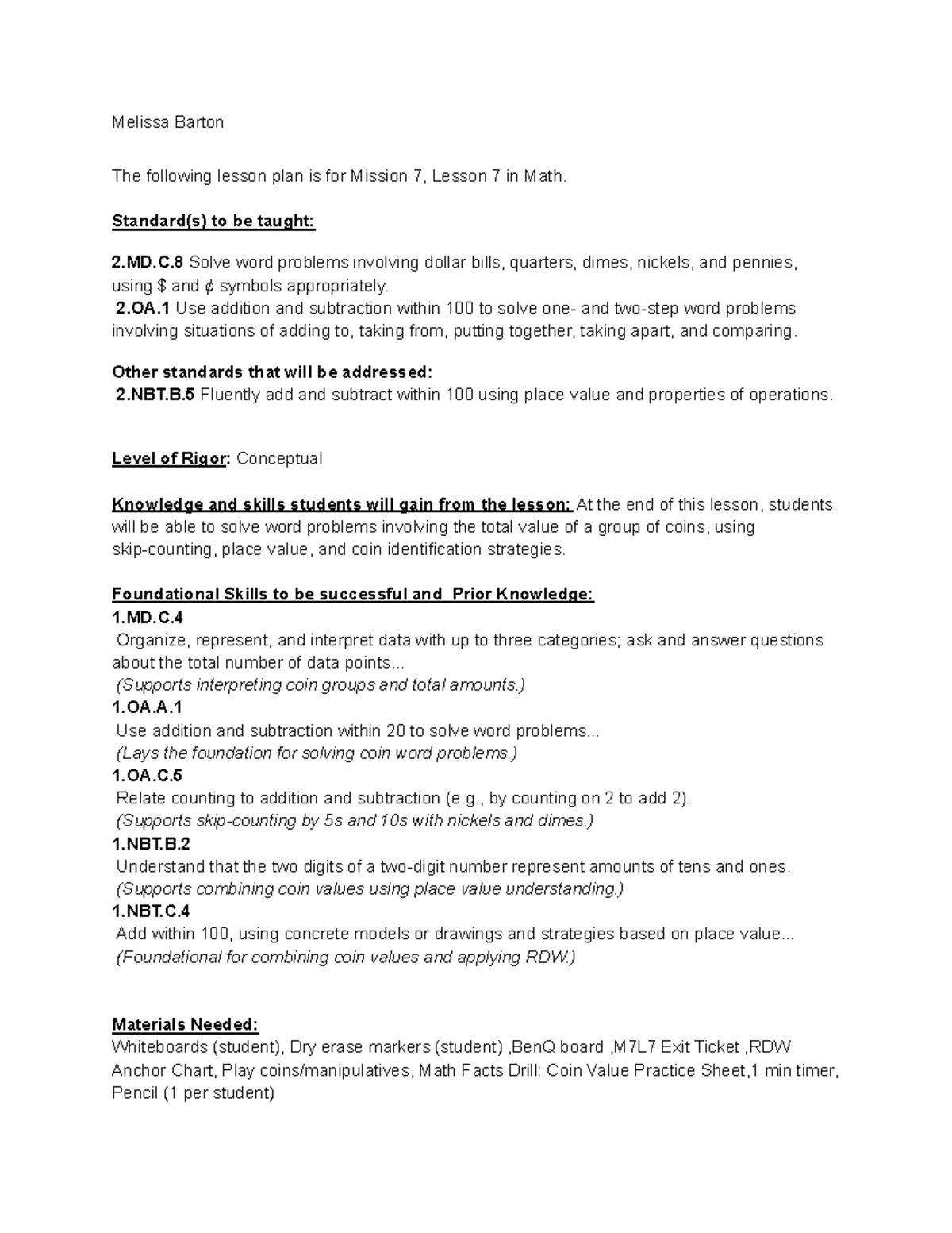 Math Lesson Plan: Mission 7, Lesson 7 - Coin Word Problems (M7L7) - Studocu