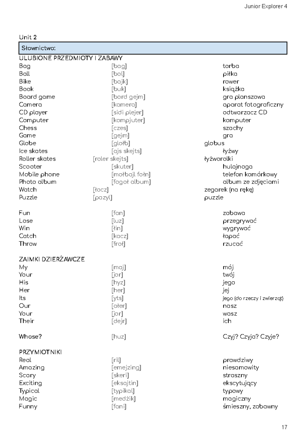 Junior Explorer 4 - Unit 2 Vocabulary and Grammar Notes - Studocu