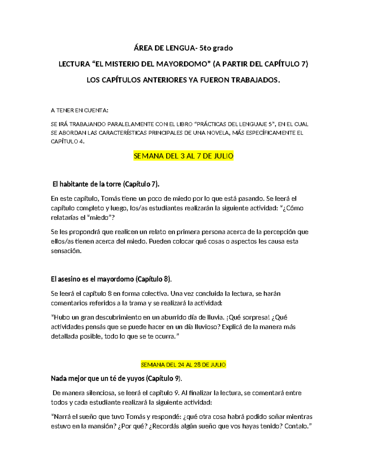 5to Grado LECTURA: Misterio del Capítulo 7 al 12 - Studocu