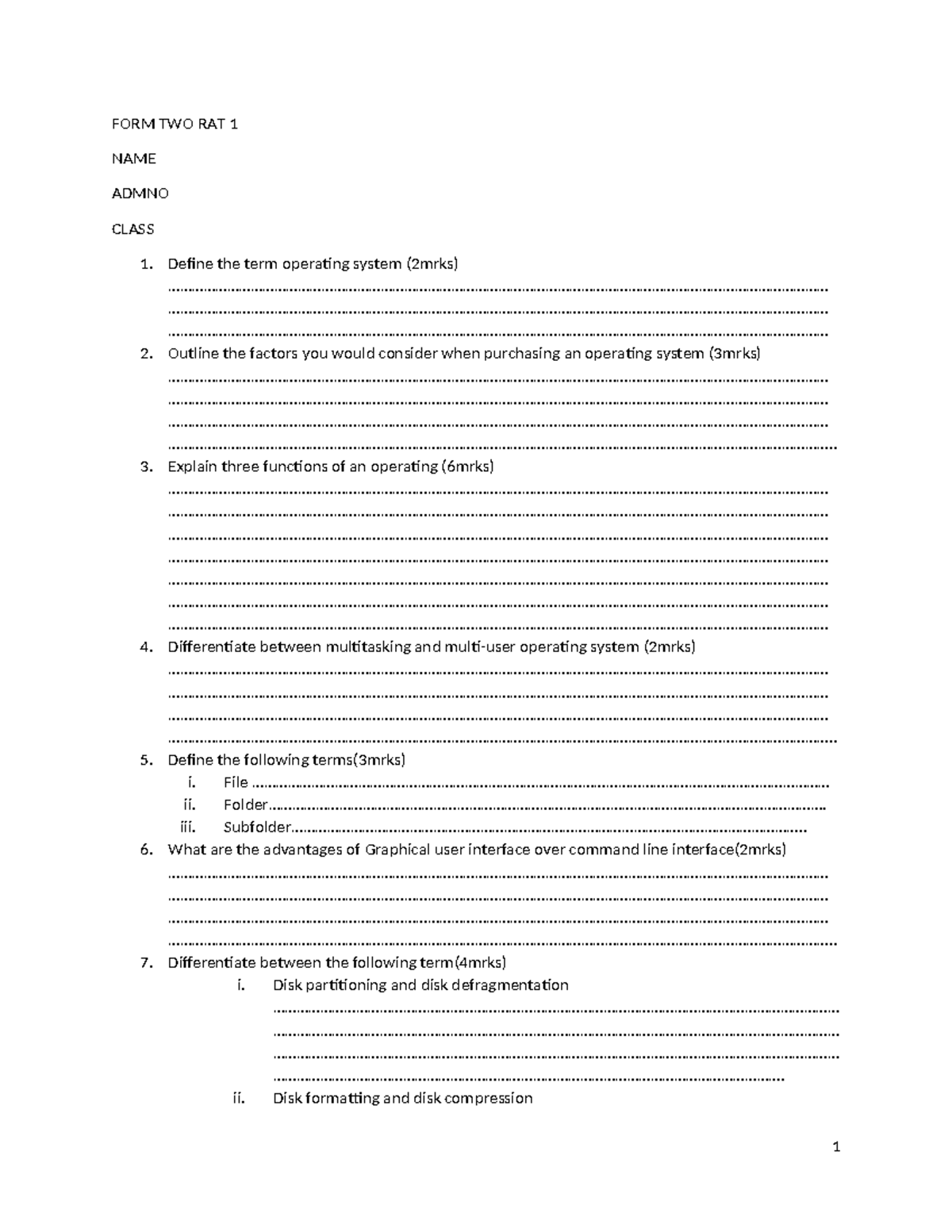 FORM TWO RAT 1 h - literature - FORM TWO RAT 1 NAME ADMNO CLASS Define ...
