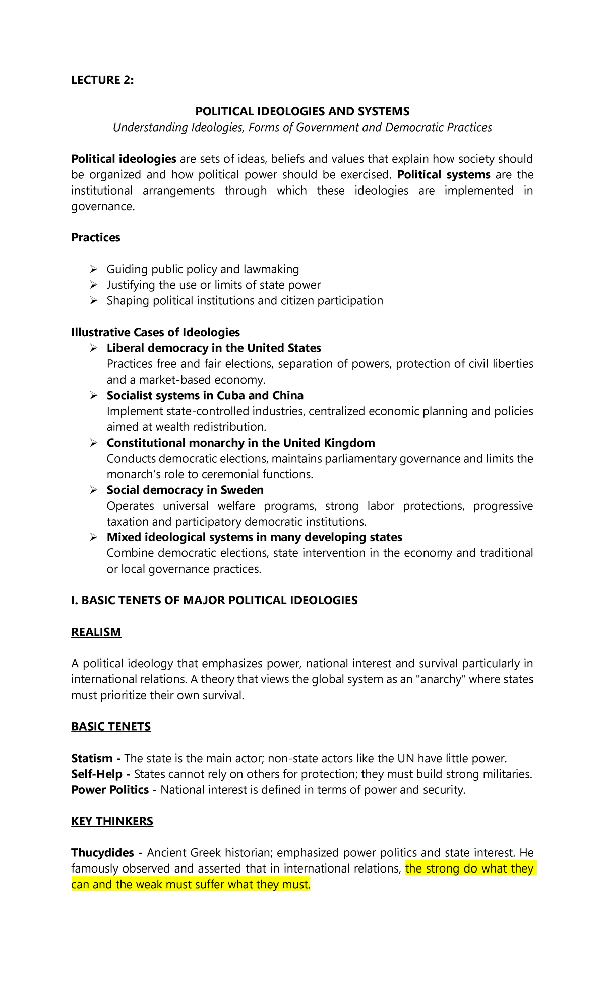 LECTURE 2: POLITICAL IDEOLOGIES & SYSTEMS Overview of Governance and ...