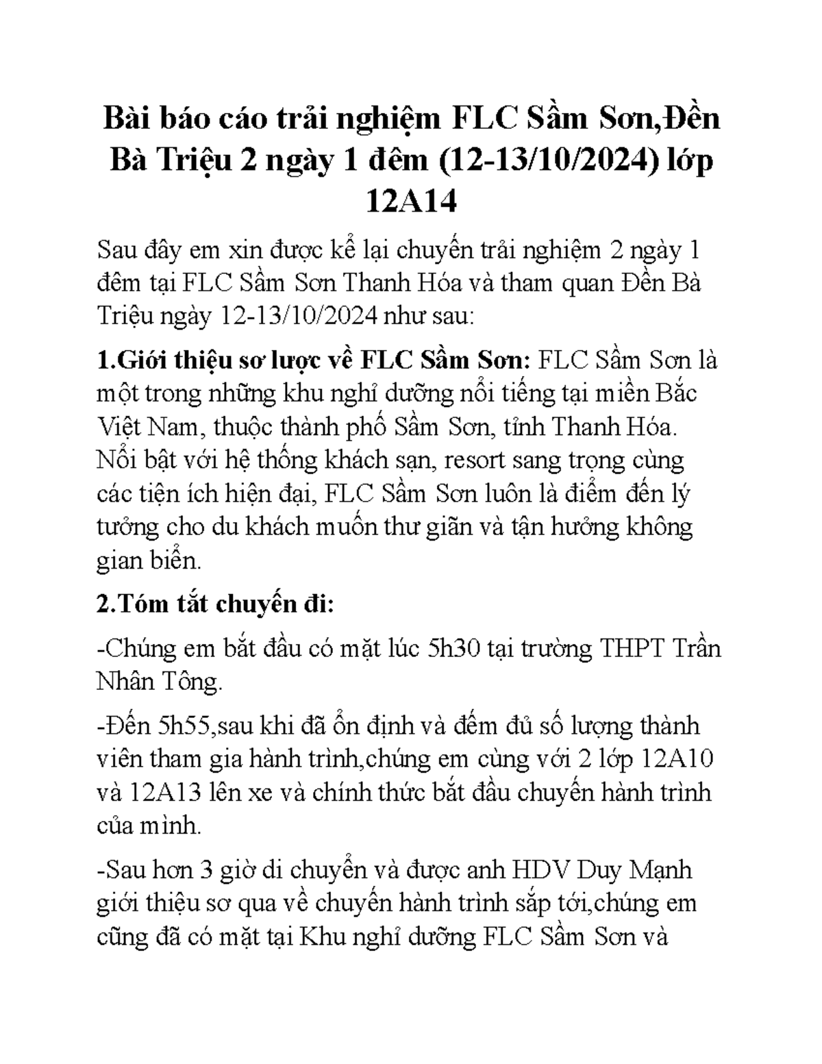 Báo cáo trải nghiệm 2 ngày 1 đêm tại FLC Sầm Sơn và Đền Bà Triệu lớp ...
