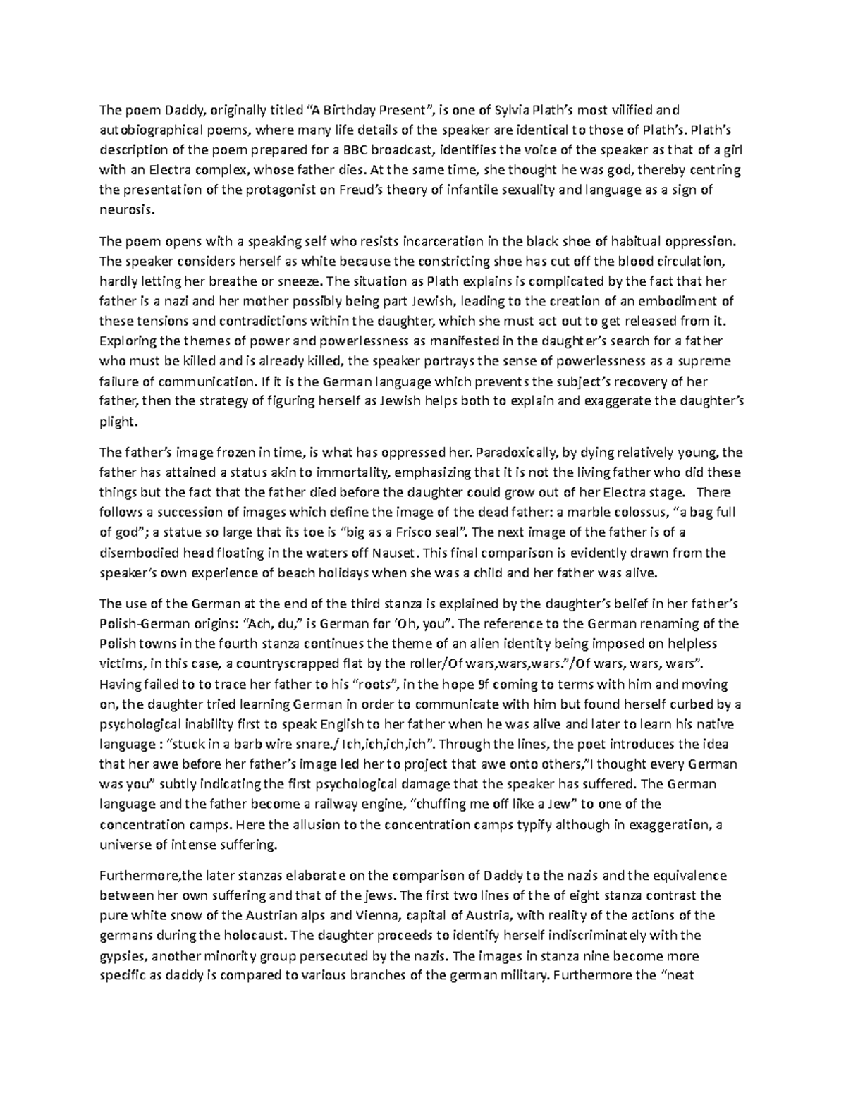 Analysis of "Daddy" by Sylvia Plath: Themes and Imagery in Poem - Studocu