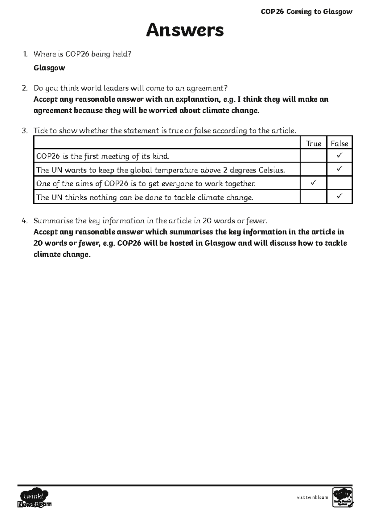 COP26 Overview and Key Insights - Article Answers - LKS2 (7-9) - Studocu