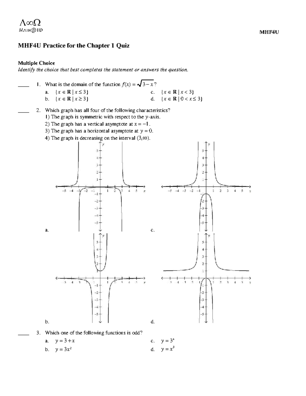 MHF4U Chapter 1 Quiz Practice: Multiple Choice Questions - Studocu