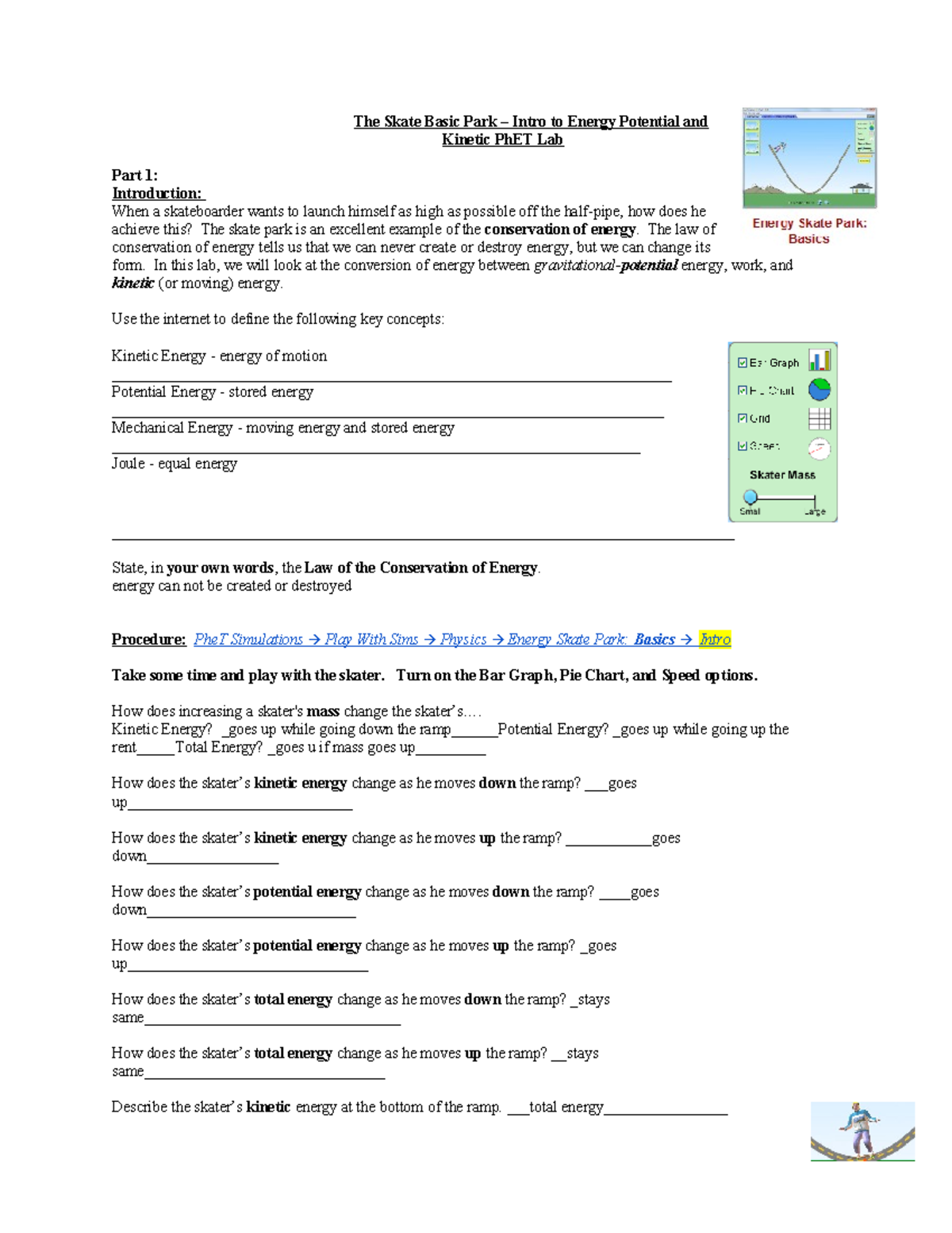 PhET Energy Skate Park Lab Activity - Kinetic & Potential Energy ...