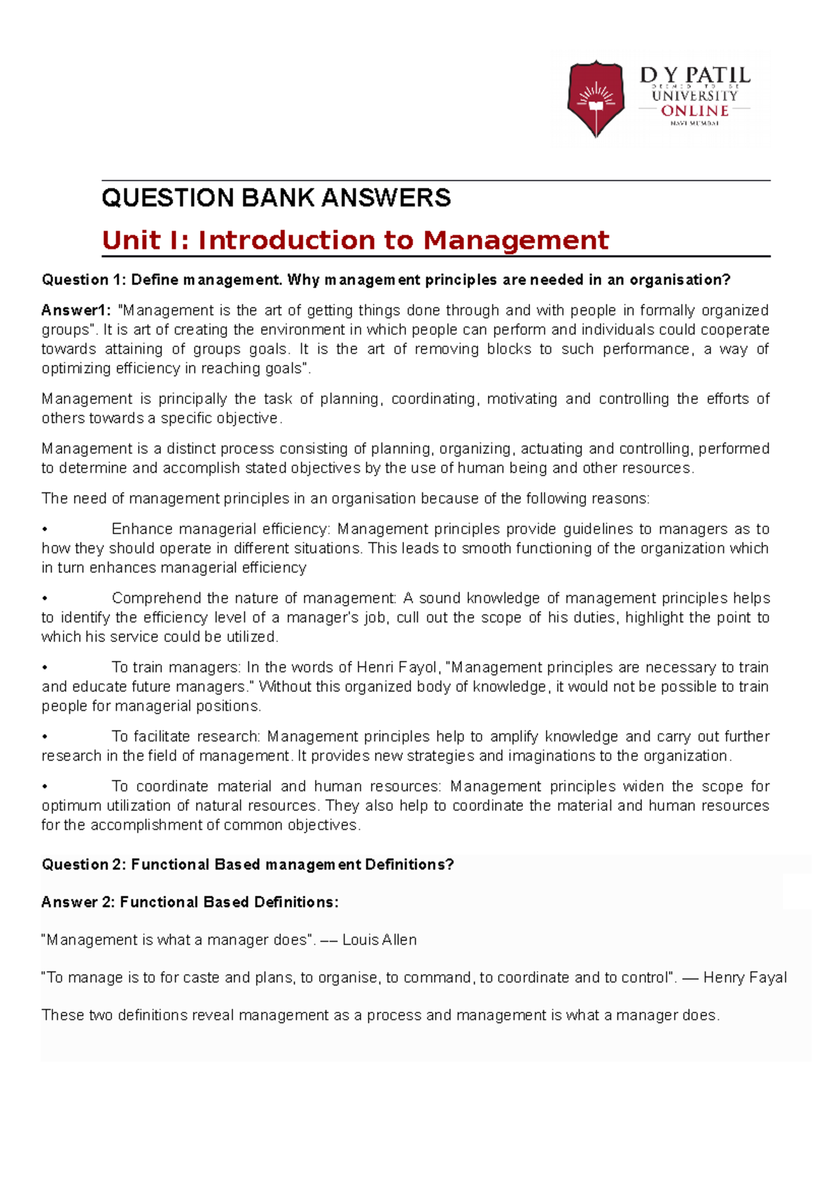 Question Bank Module 1 Answers: Introduction to Management Concepts ...