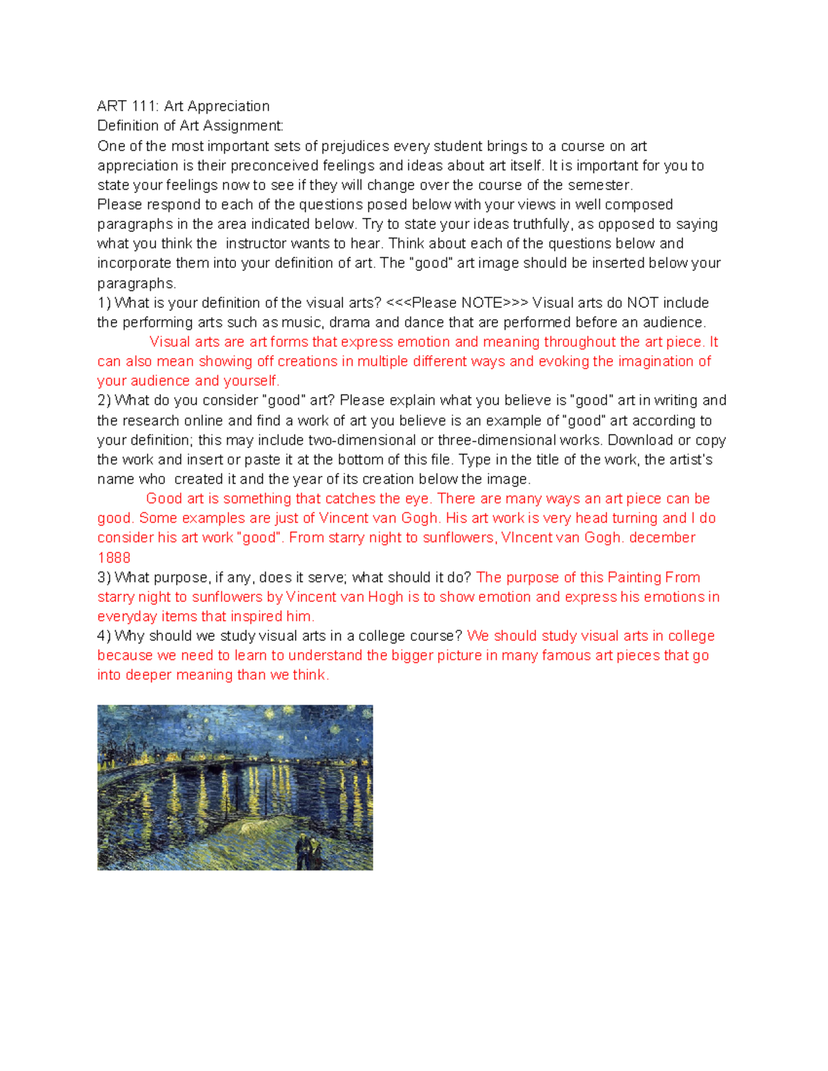 ART 111 Definition of Art Assignment: Insights on Visual Arts - Studocu