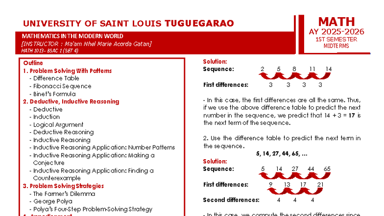 MATH Reviewer 1ST Midterm - MATHEMATICS IN THE MODERN WORLD [INSTRUCTOR ...