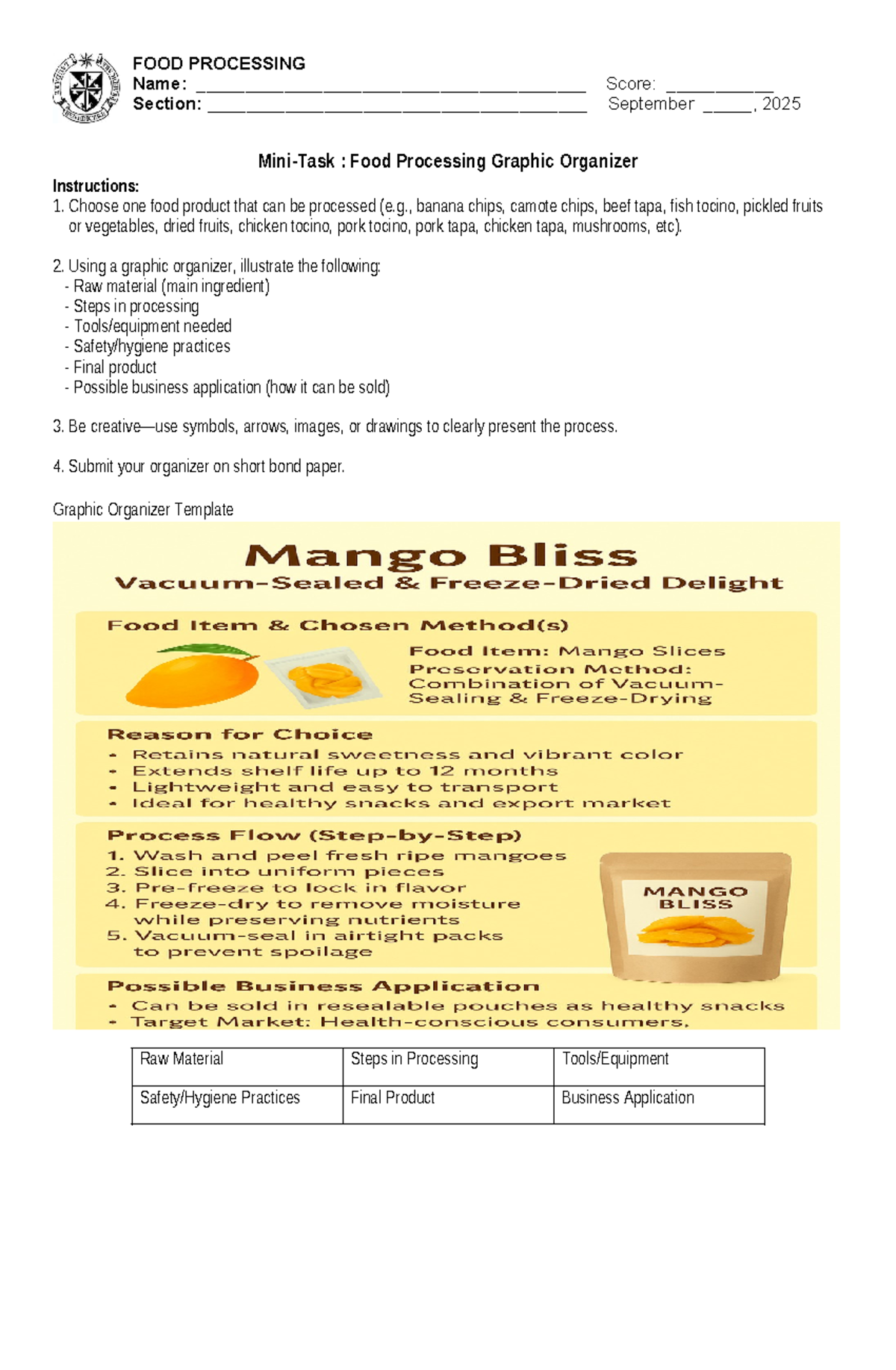 TLE 8: Food Processing Graphic Organizer Instructions - Studocu