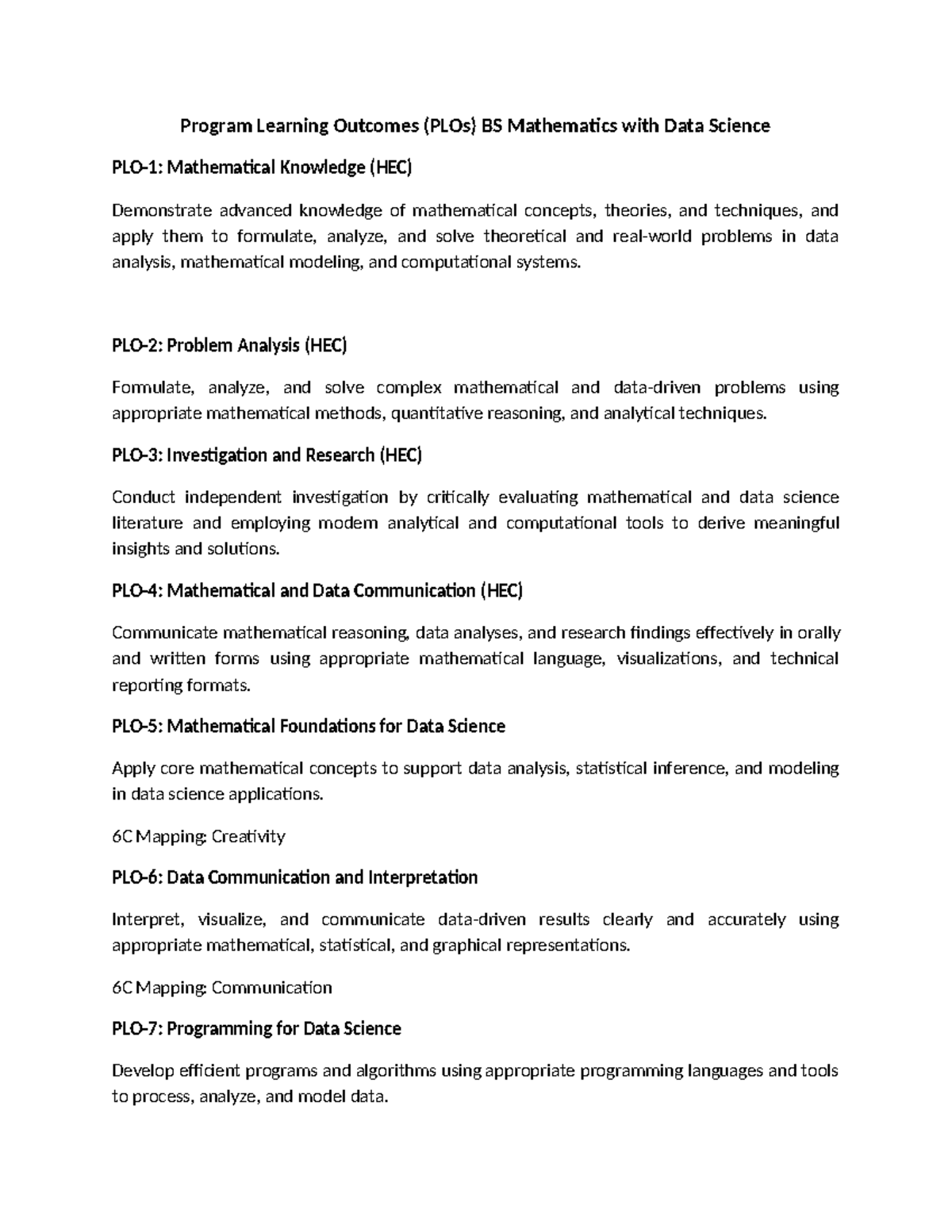 Updated PLOs for BS Mathematics with Data Science (Version 2) - Studocu