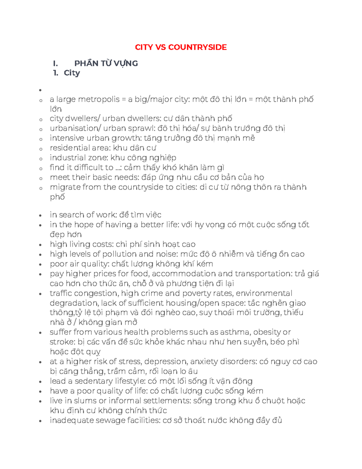 Lesson 4 City and Countryside - CITY VS COUNTRYSIDE I. PHẦN TỪ VỰNG ...