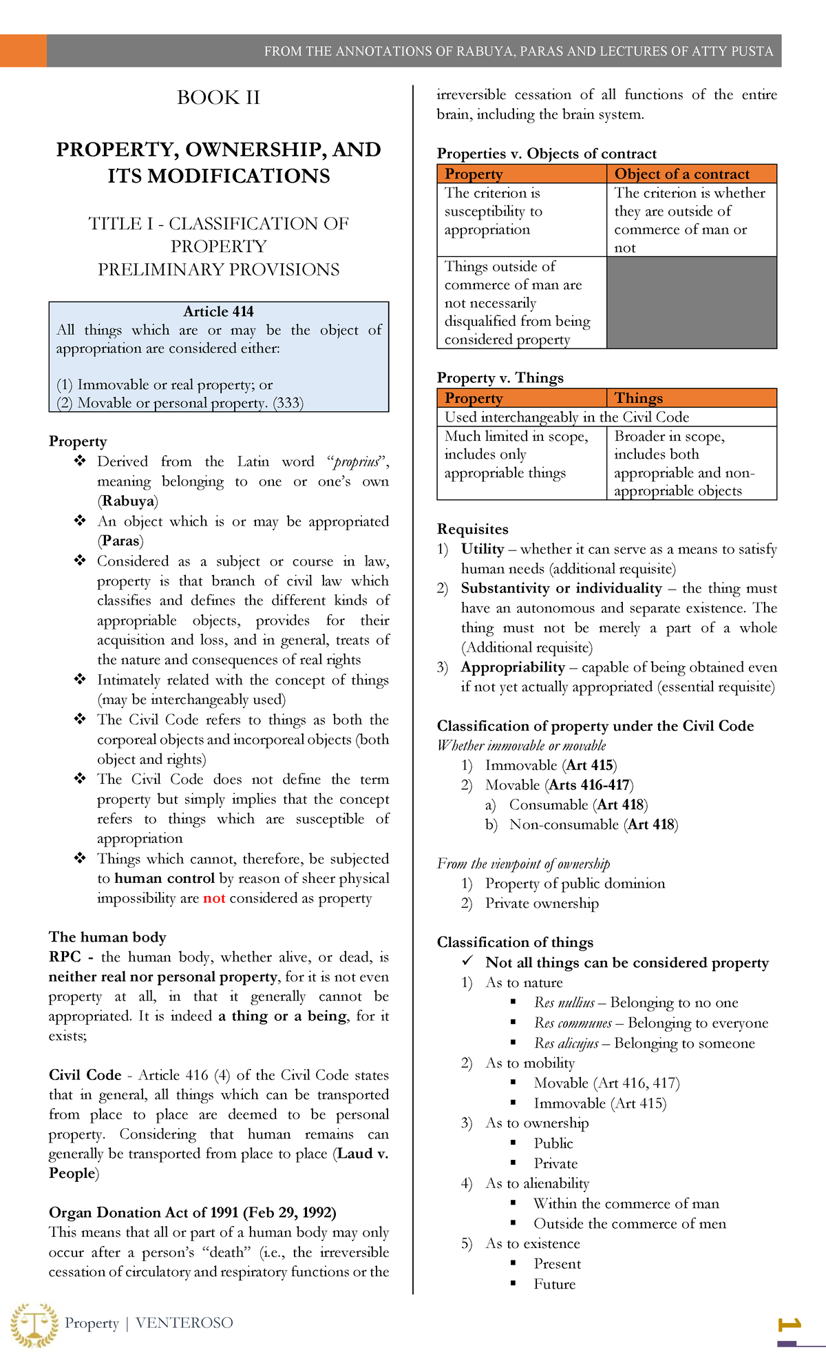 Rabuya & Paras Property Law Review: Key Concepts & Classifications - Studocu