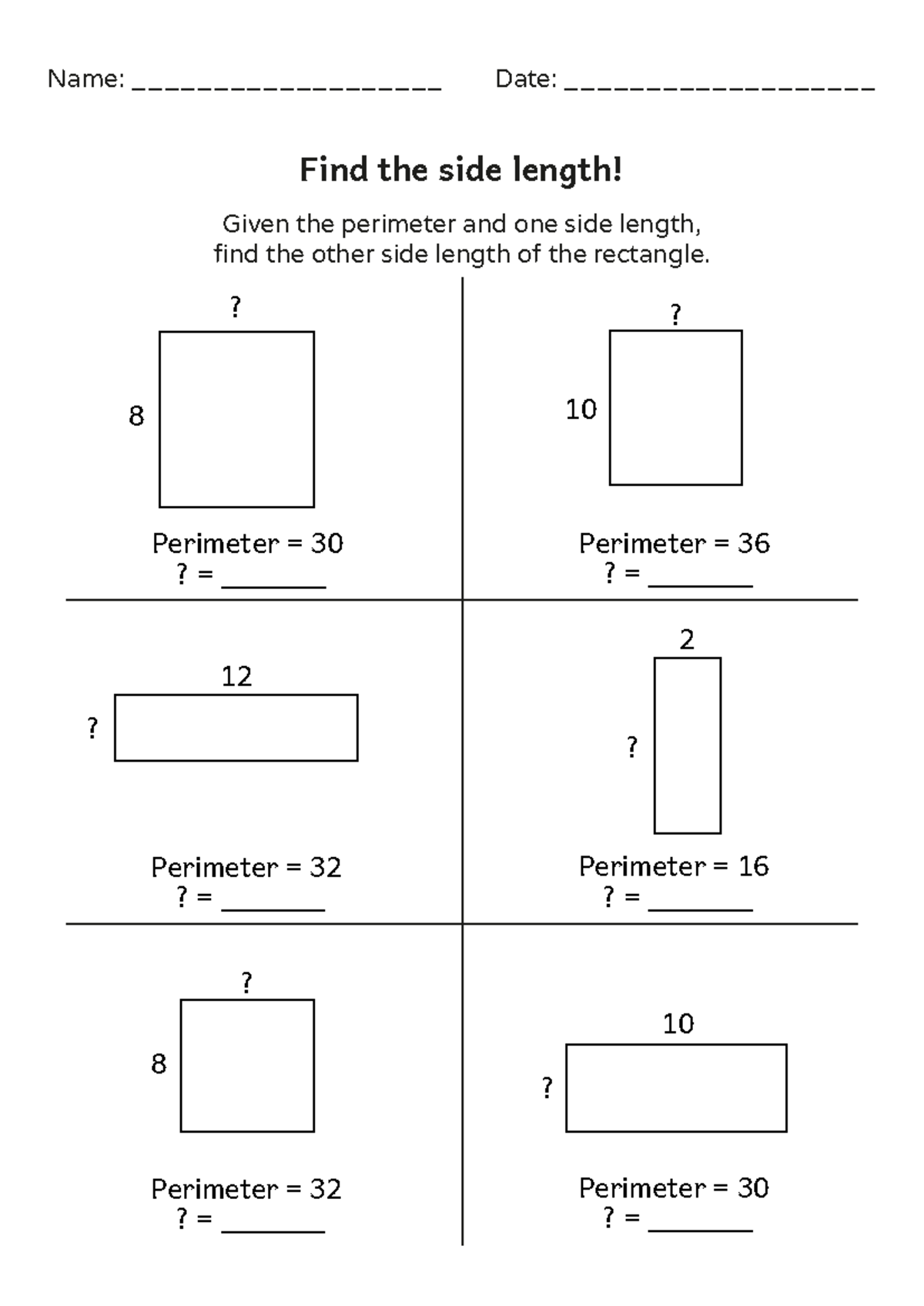 Finding Missing Side Lengths in Rectangles - 3rd Grade Worksheet - Name