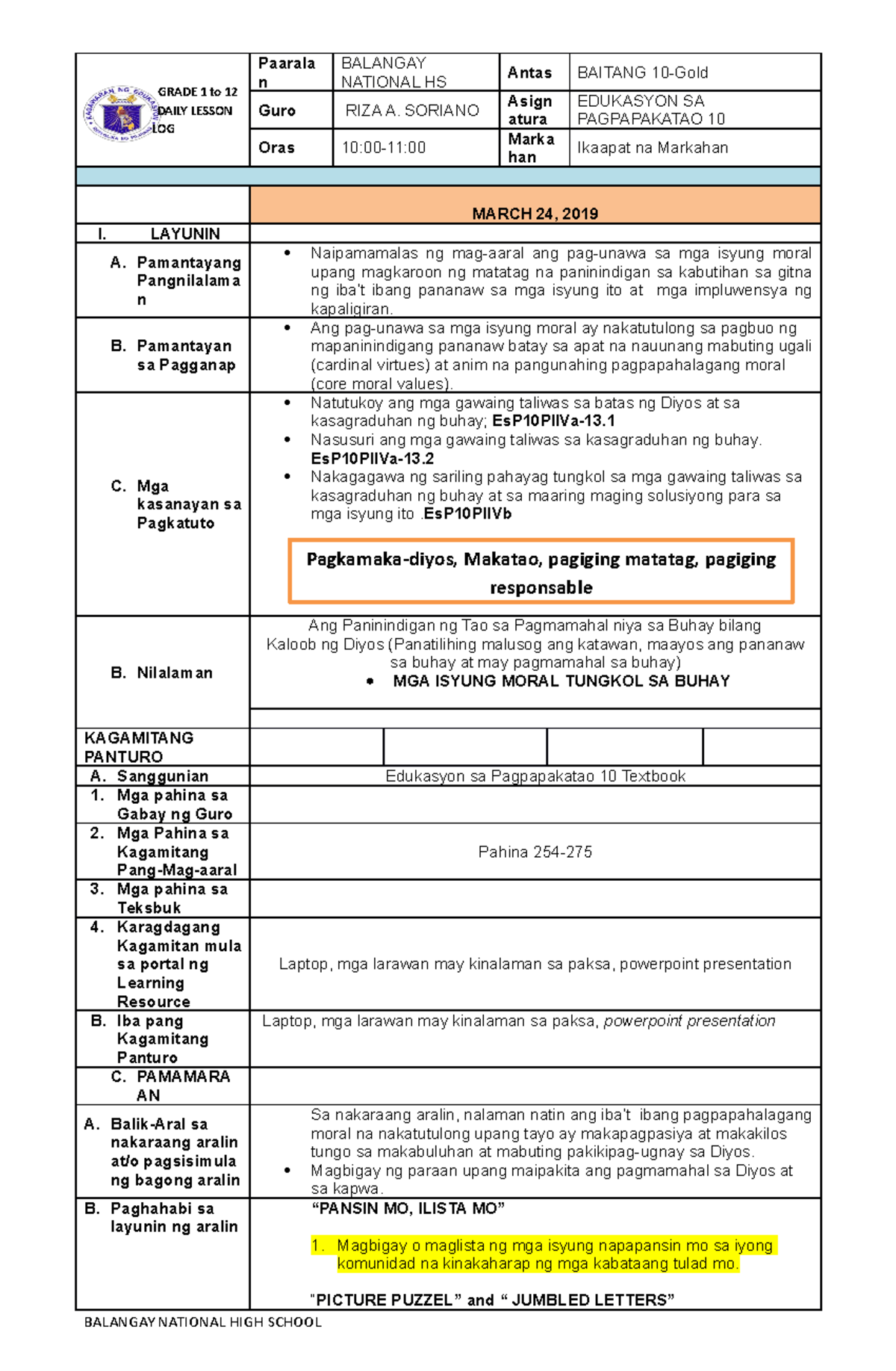 Esp module 13 dll 2nd observation - GRADE 1 to 12 DAILY LESSON LOG ...