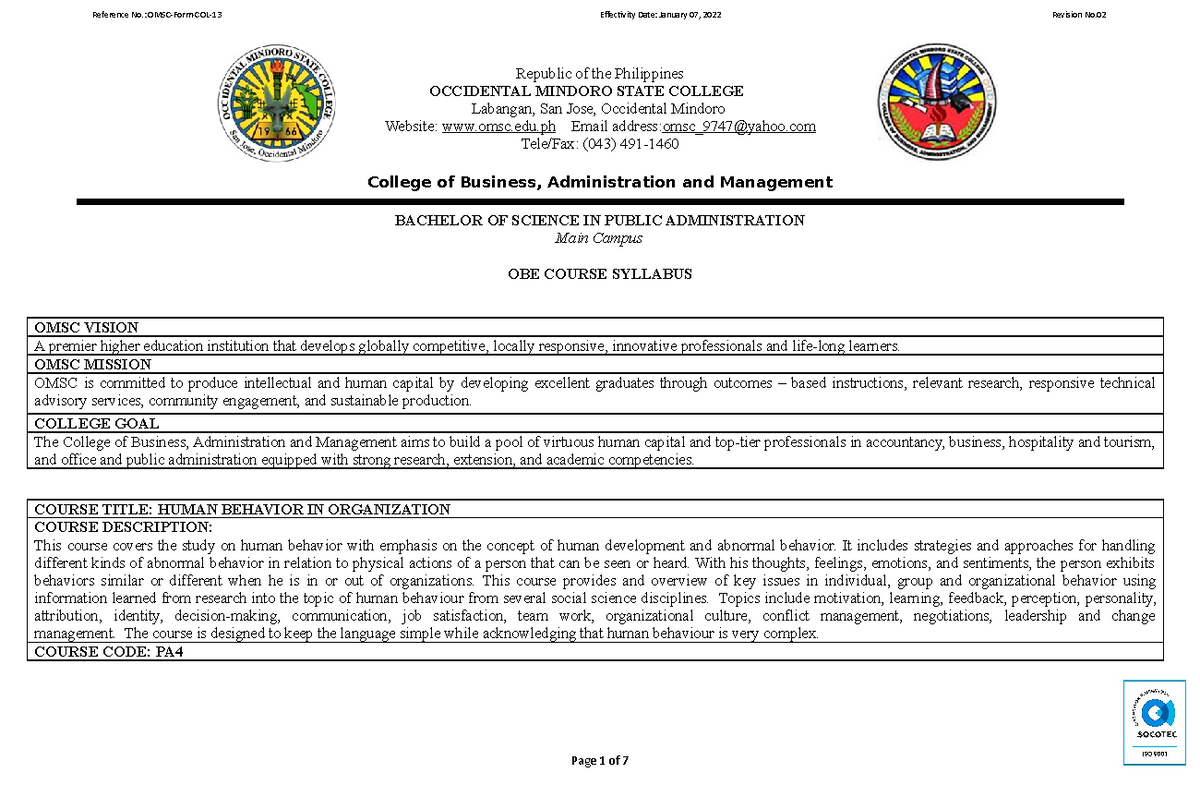 Syllabus for PA Human Behavior in Organization Course (3 units) - Studocu