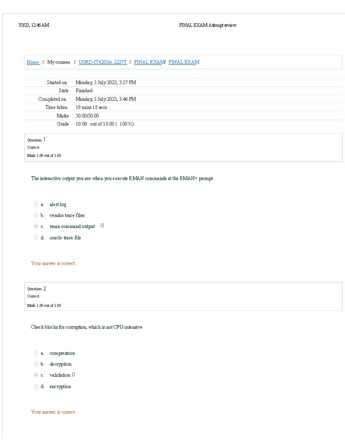 Review of Final Exam RMAN Commands, Encryption, and Database - Course ...