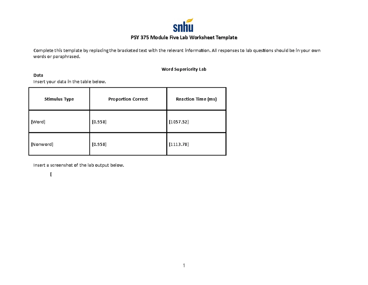 PSY 375 Module Five Lab Worksheet Template - PSY 375 Module Five Lab ...