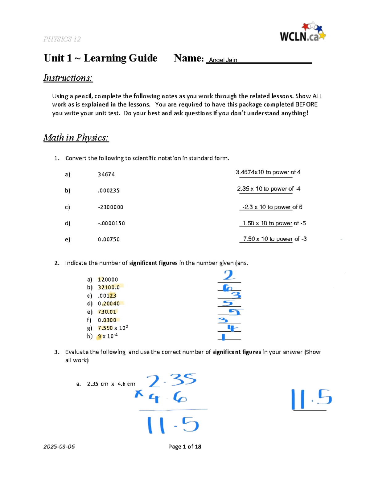 PHYSICS 12 Unit 1 Learning Guide: Essential Notes and Exercises - Studocu