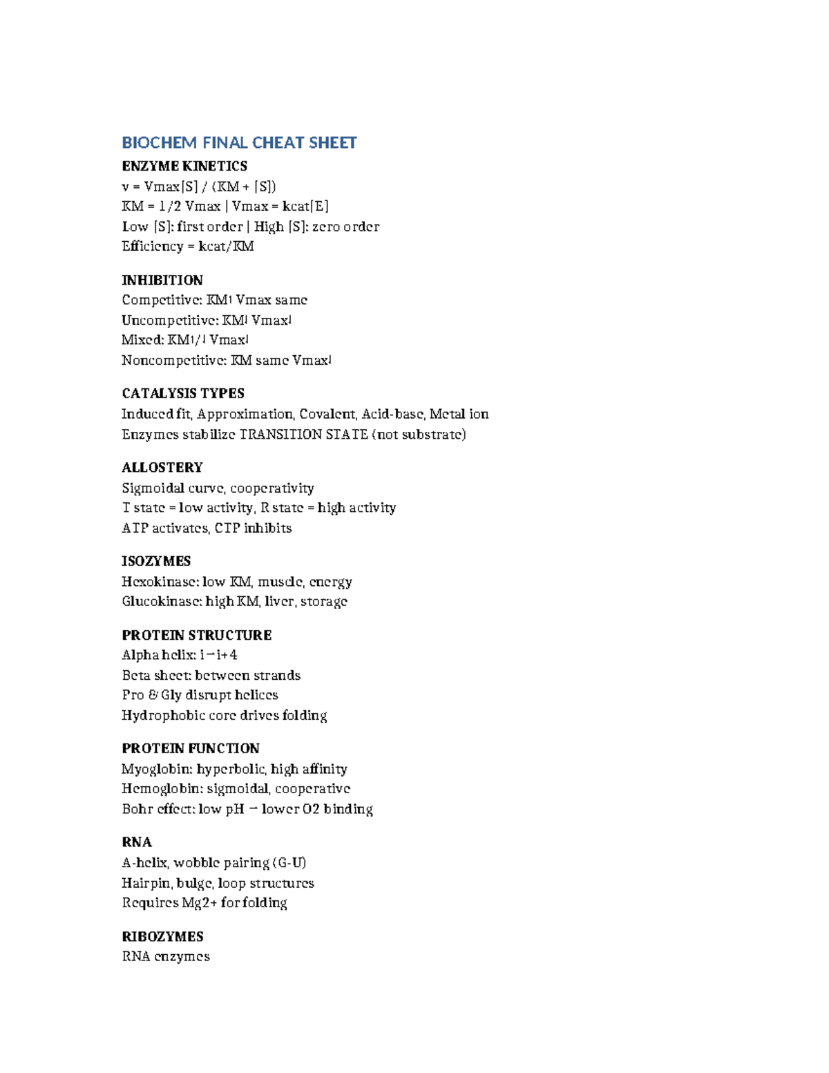 BIOCHEM 101 FINAL CHEAT SHEET: ENZYME KINETICS & PROTEIN STRUCTURE ...