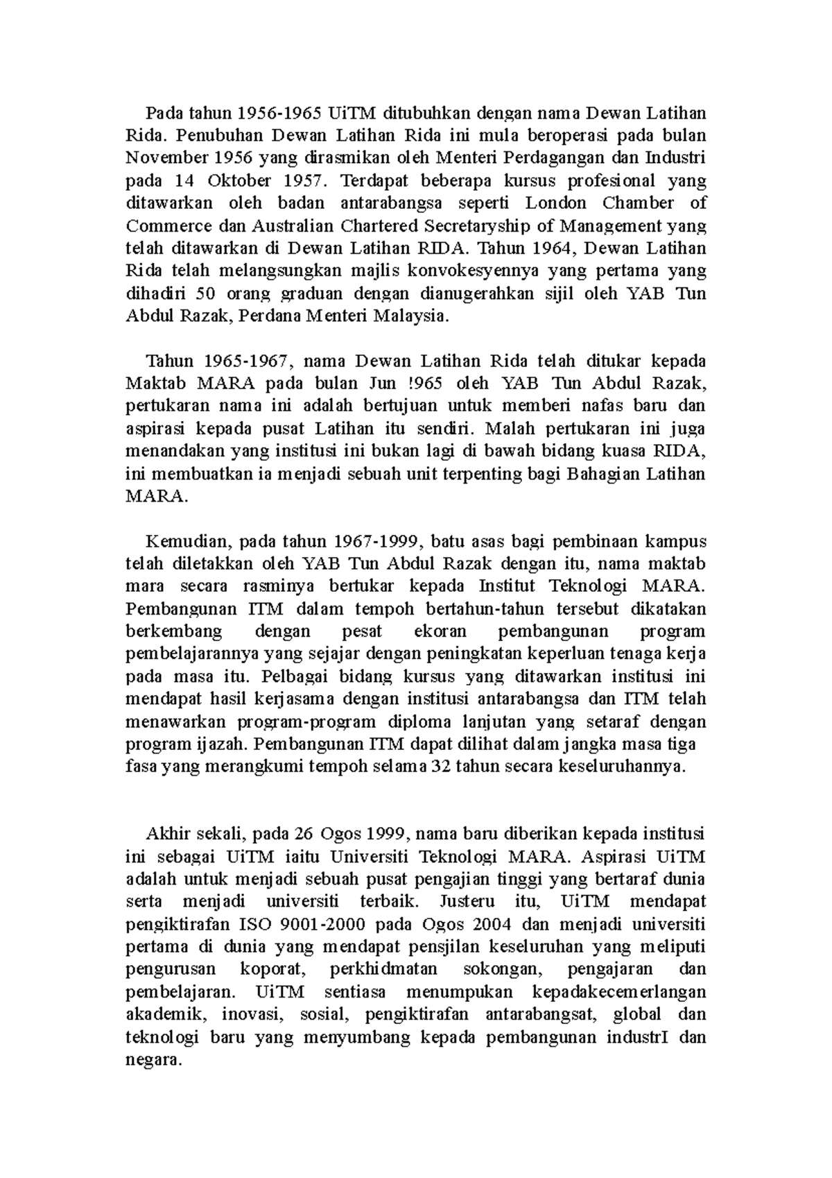 Sejarah Penubuhan UITM: Dari Dewan Latihan Rida ke Universiti - Studocu