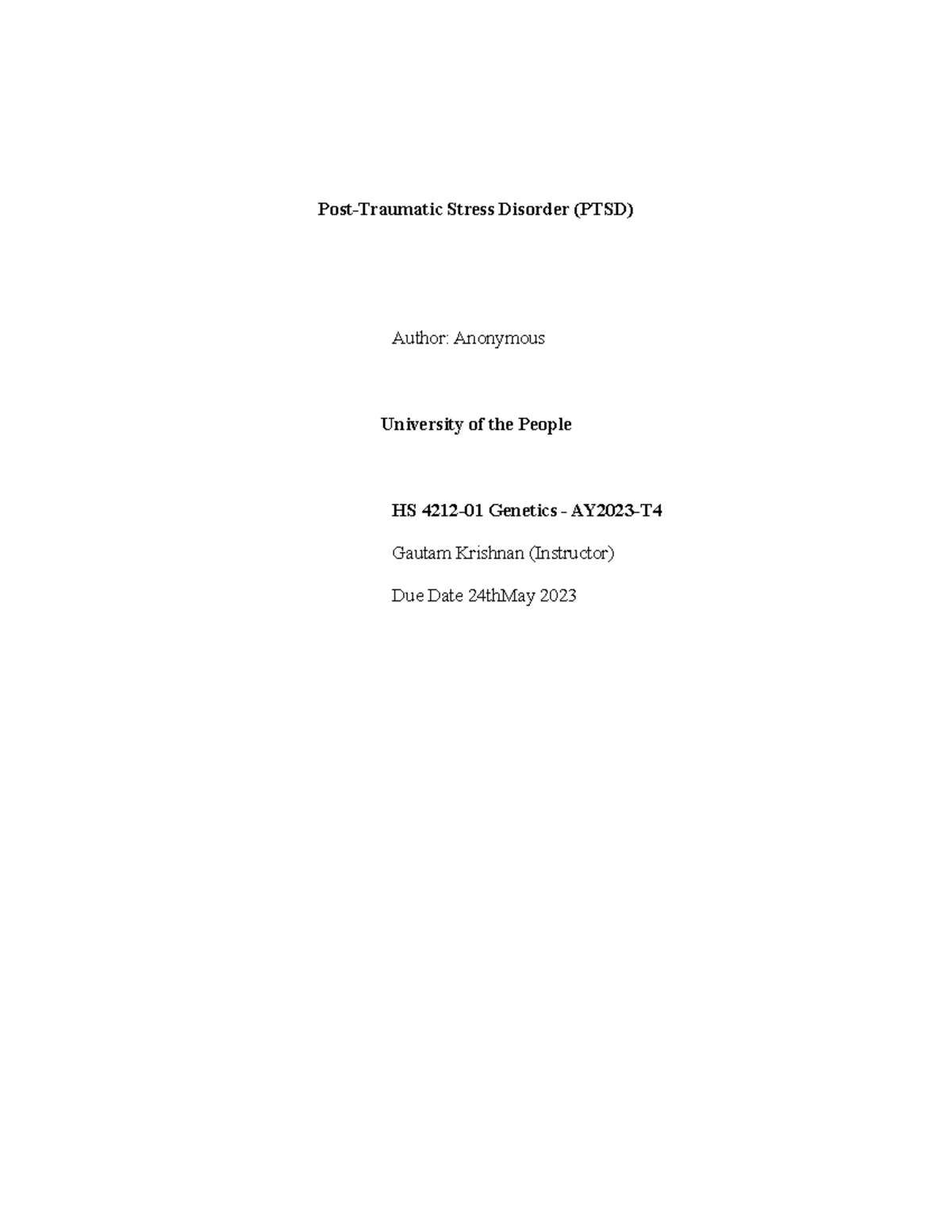 HS 4212-01 Genetics - AY2023-T4-Written Assignment Unit7-PTSD - Post ...