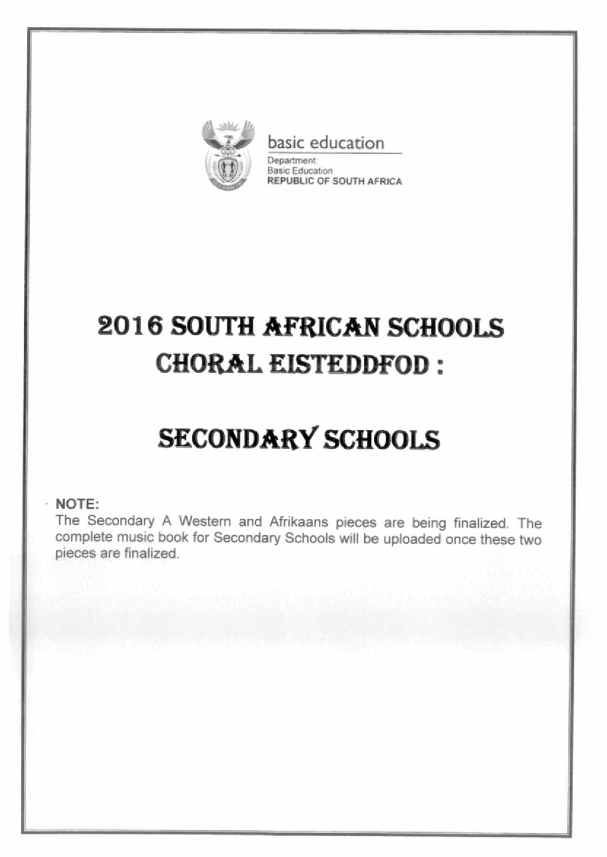 2016 SASCE Secondary Schools Choral Eisteddfod Music Notes - Studocu