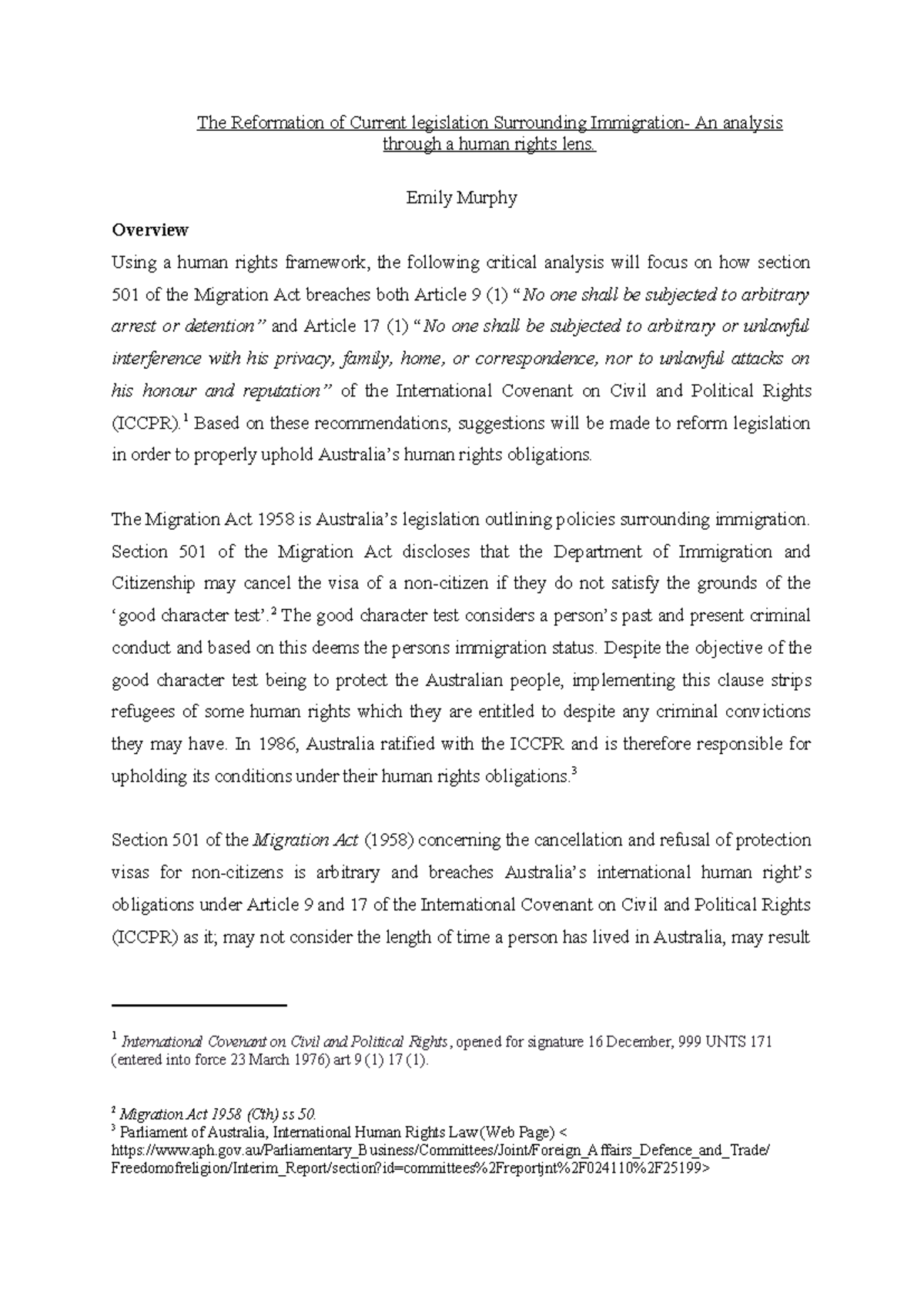 Critical Essay on Human Rights Violations in Migration Act 501 - Studocu