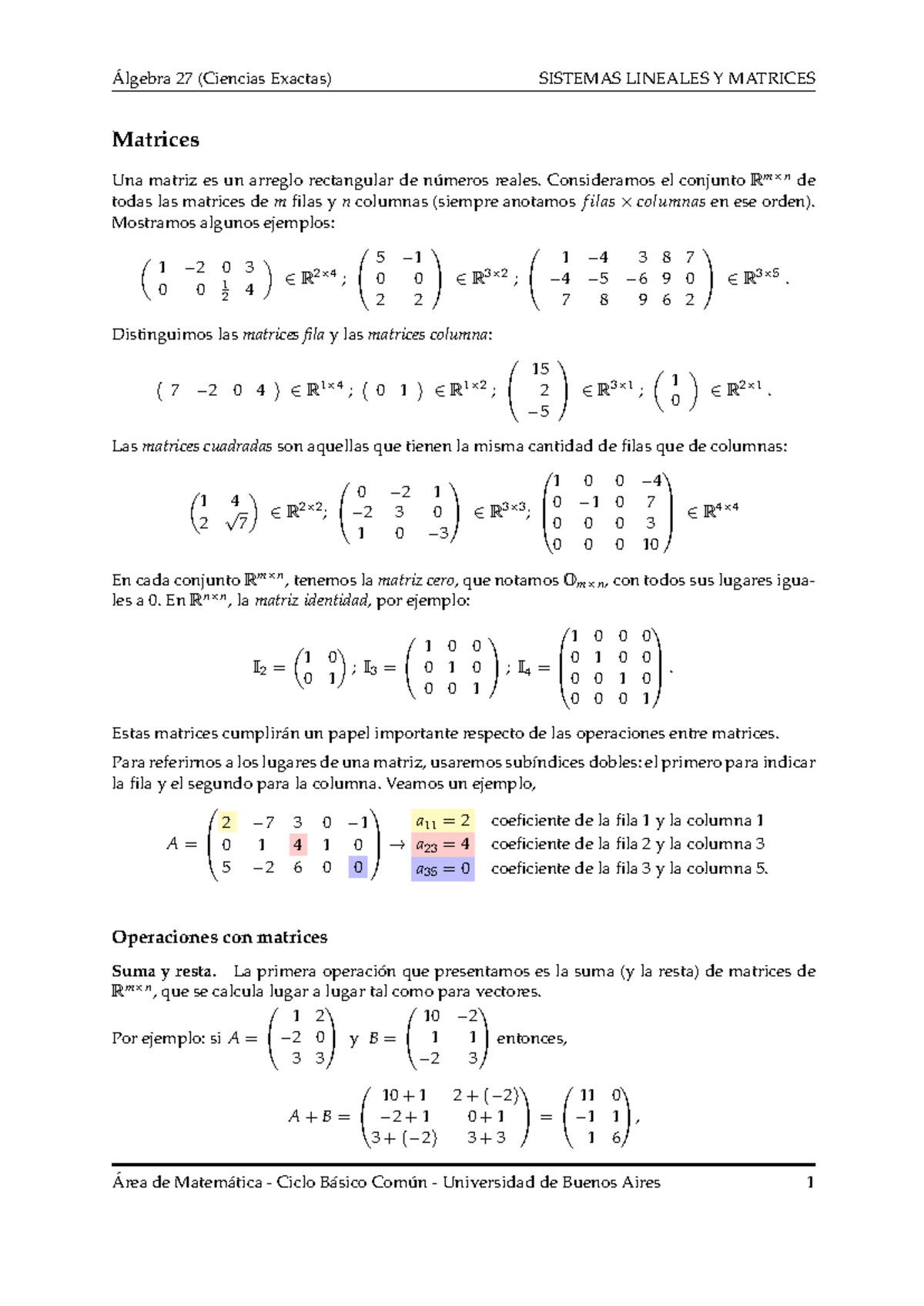 Álgebra 27 (Ciencias Exactas) - Matrices y Ejercicios Resueltos - Studocu