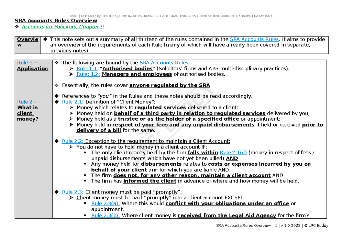 SRA Accounts Rules Overview (Law 101): Summary of All 13 Rules - Studocu