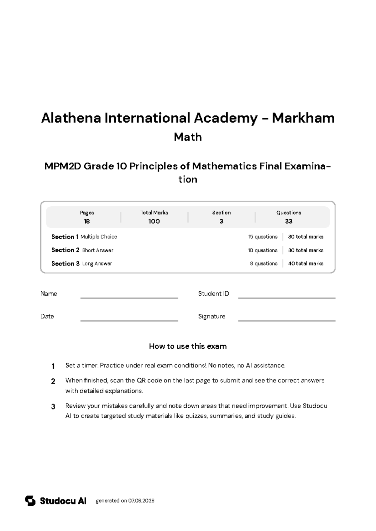 MPM2D Grade 10 Math Final Exam - Studocu