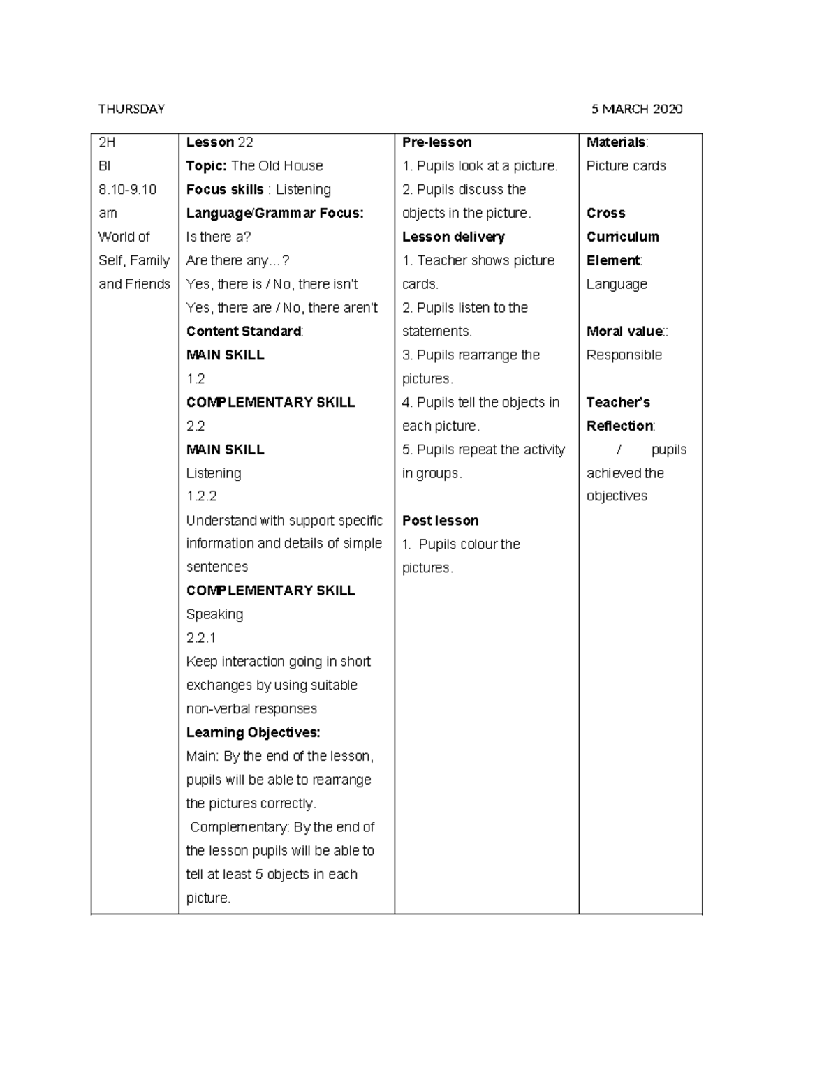 0305 THURSDAY 5 MARCH 2020 Lesson 22: The Old House Activities - Studocu