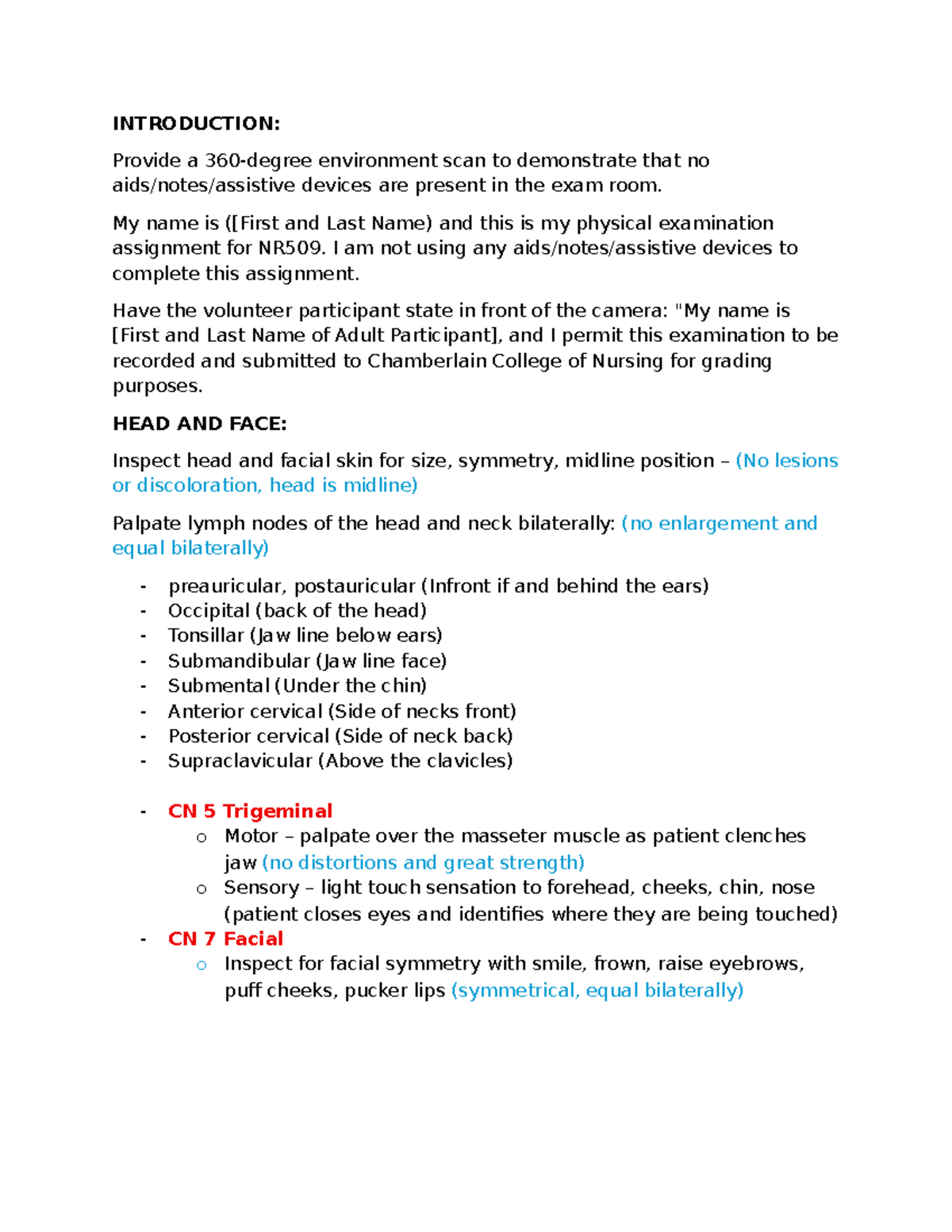 NR509 Physical Examination Assignment: Comprehensive Assessment ...