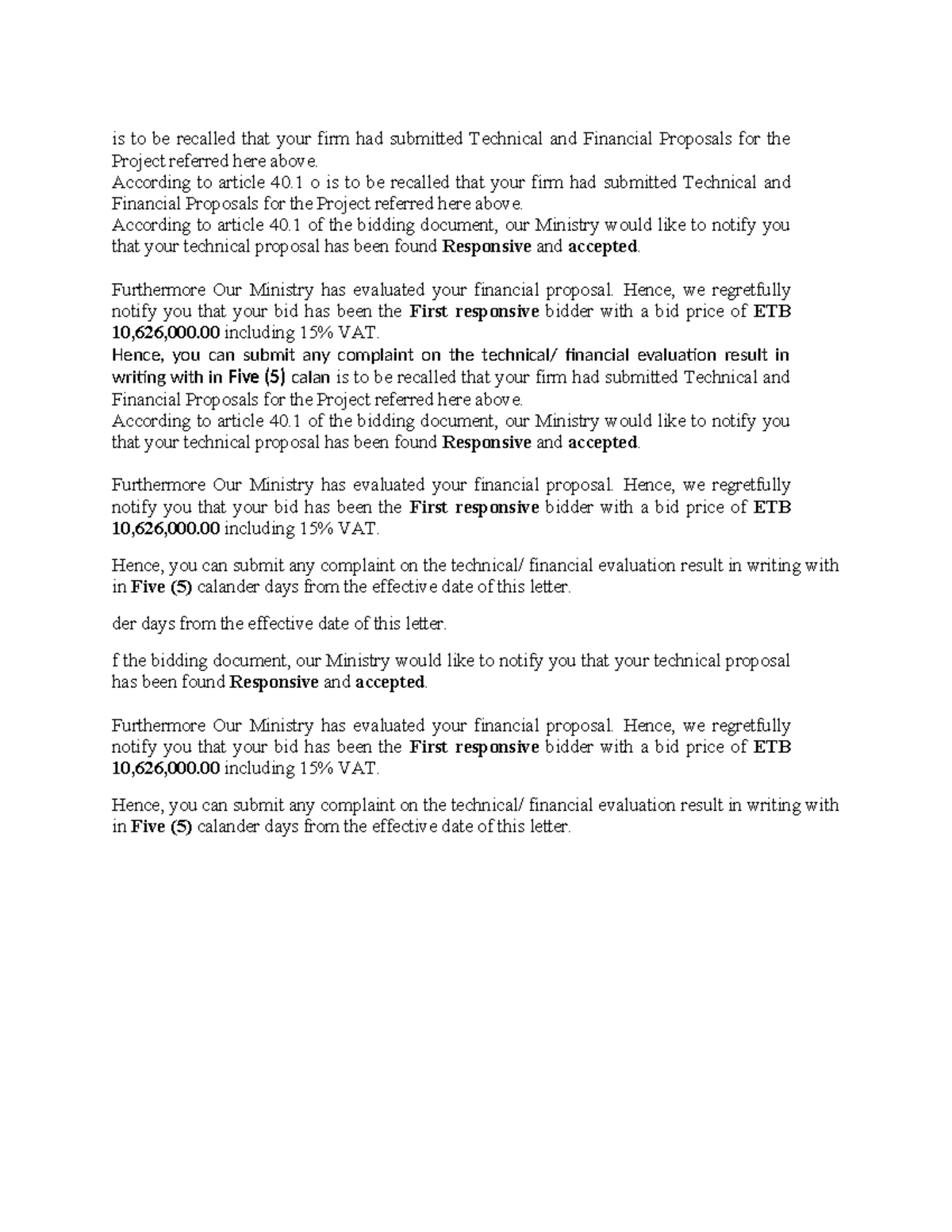 Notification of Technical and Financial Proposal Evaluation Results ...
