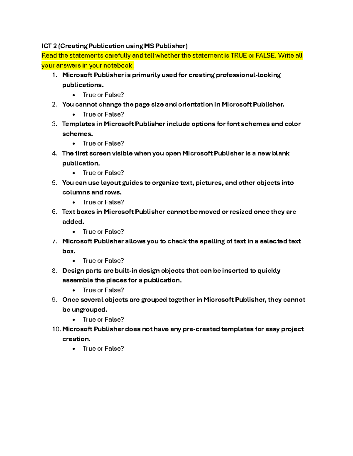 ICT 2 - True/False Questions on MS Publisher & Canva Use - Studocu