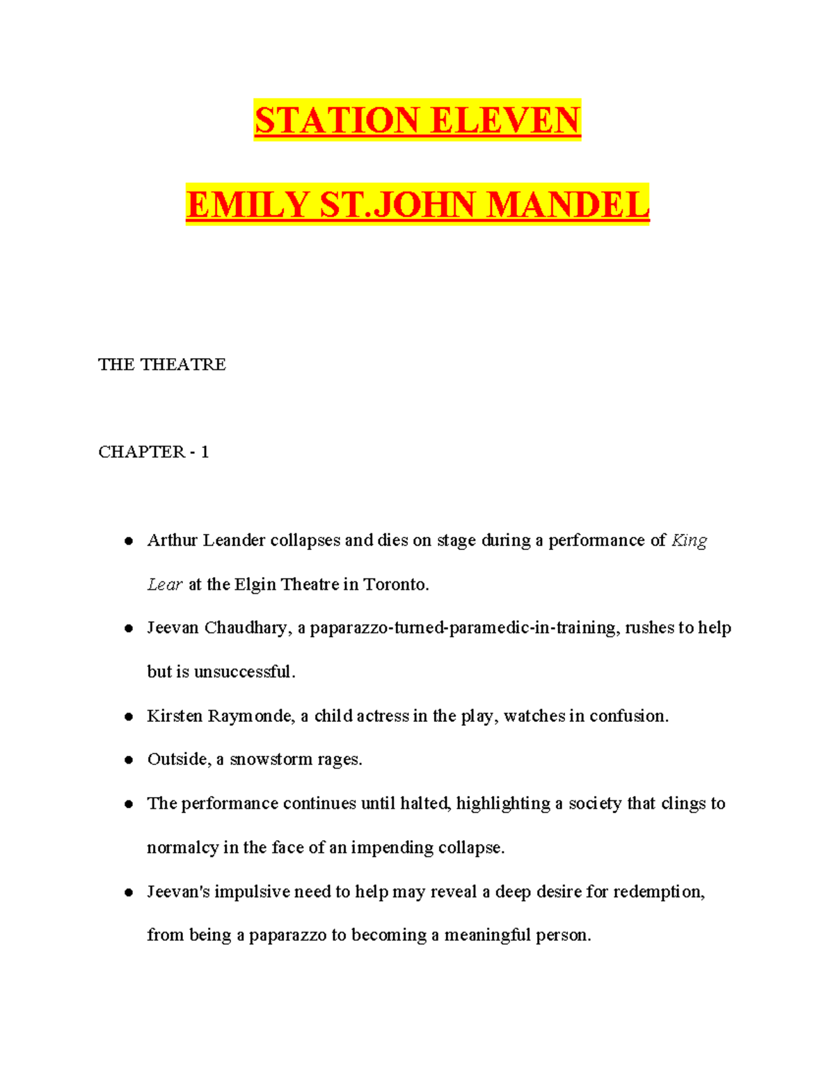 Active Reading Notes - STATION ELEVEN (ENG 101) Chapters 1-14 Analysis ...