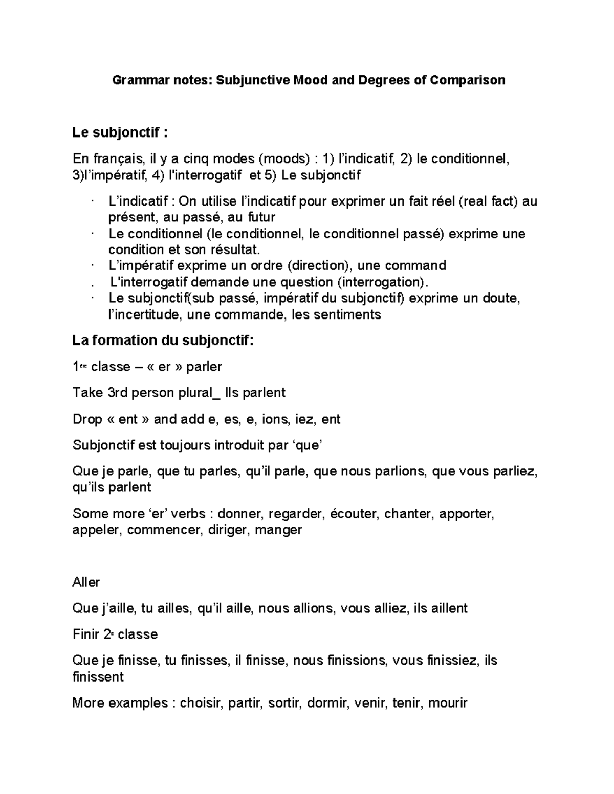 French Subjonctif Notes: Subjunctive Mood & Comparison Degrees - Studocu