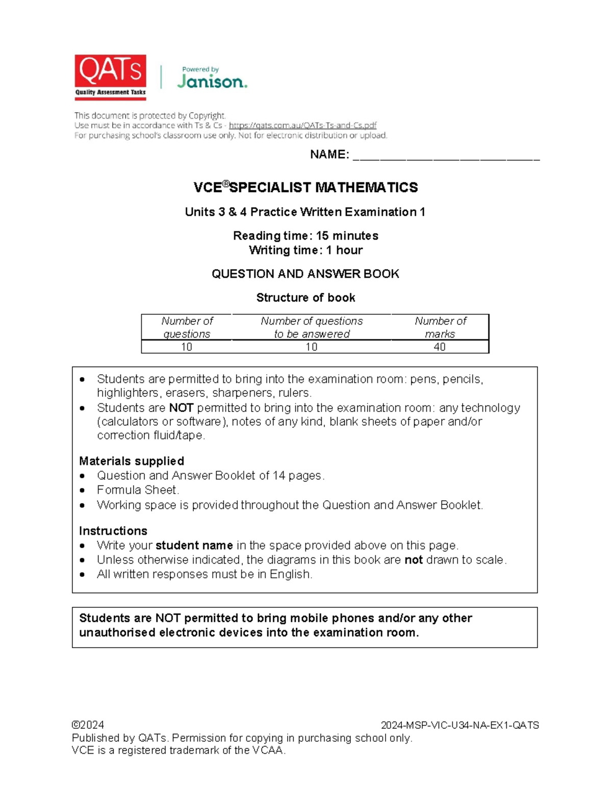 VCE Specialist Mathematics Units 3 & 4 Exam 1 - 2024 QATS - Studocu