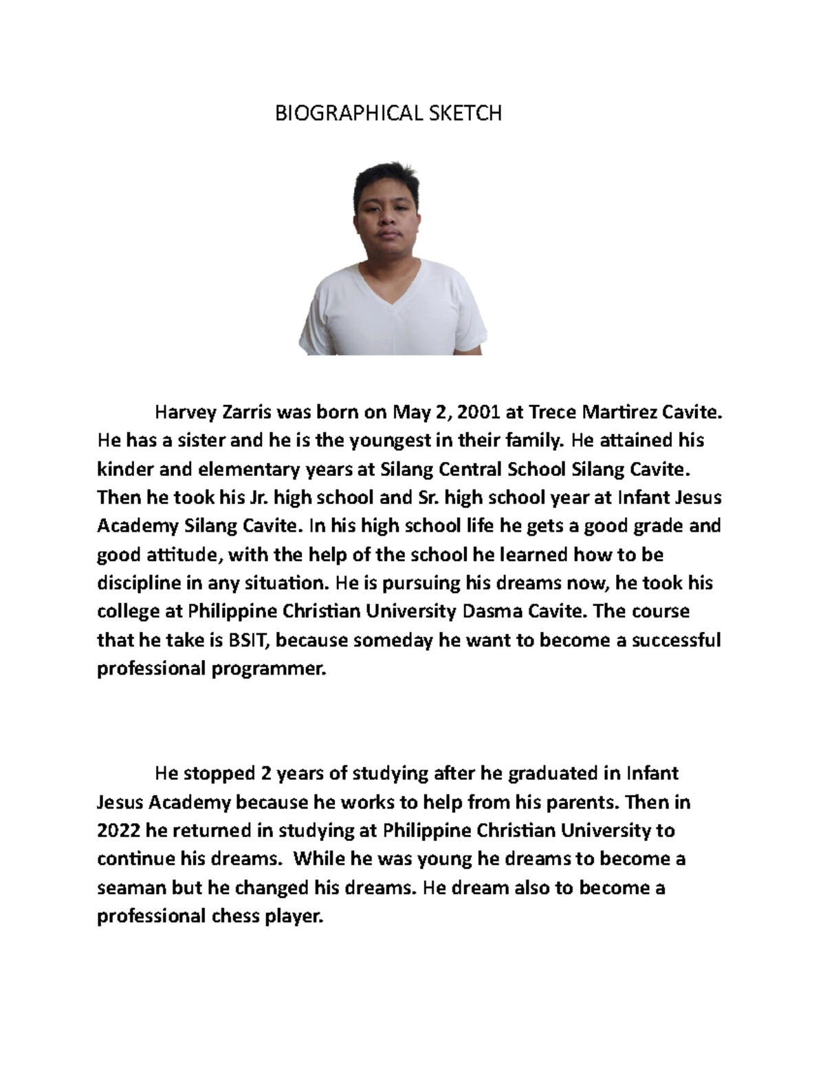Biographical Sketch of Harvey Zarris: Journey to BSIT Success - Studocu