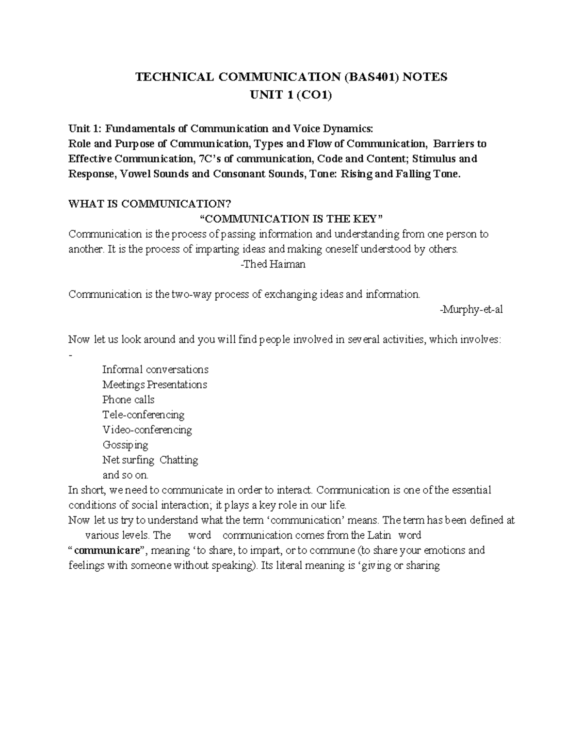 BAS401 Technical Communication Unit 1: Fundamentals & Dynamics - Studocu