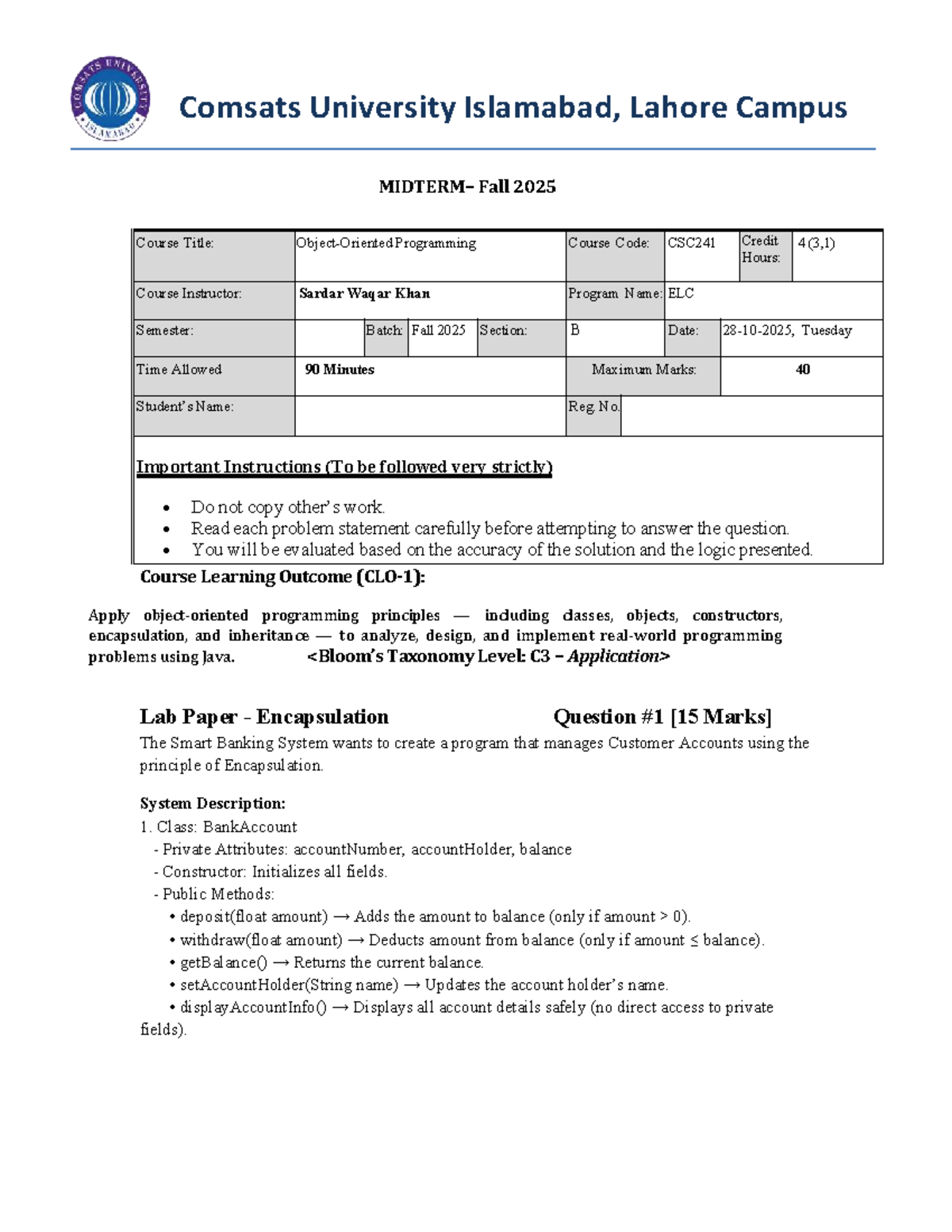 Lab Paper: Encapsulation in Java - CSC241 Fall 2025 - Studocu