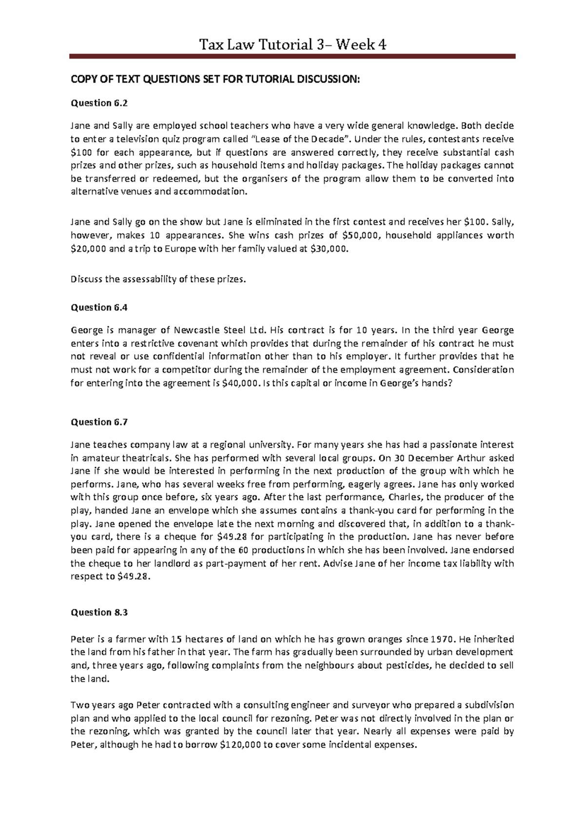 Tutorial 3, Week 4 - Income - Tax Law Tutorial 3– Week 4 COPY OF TEXT ...