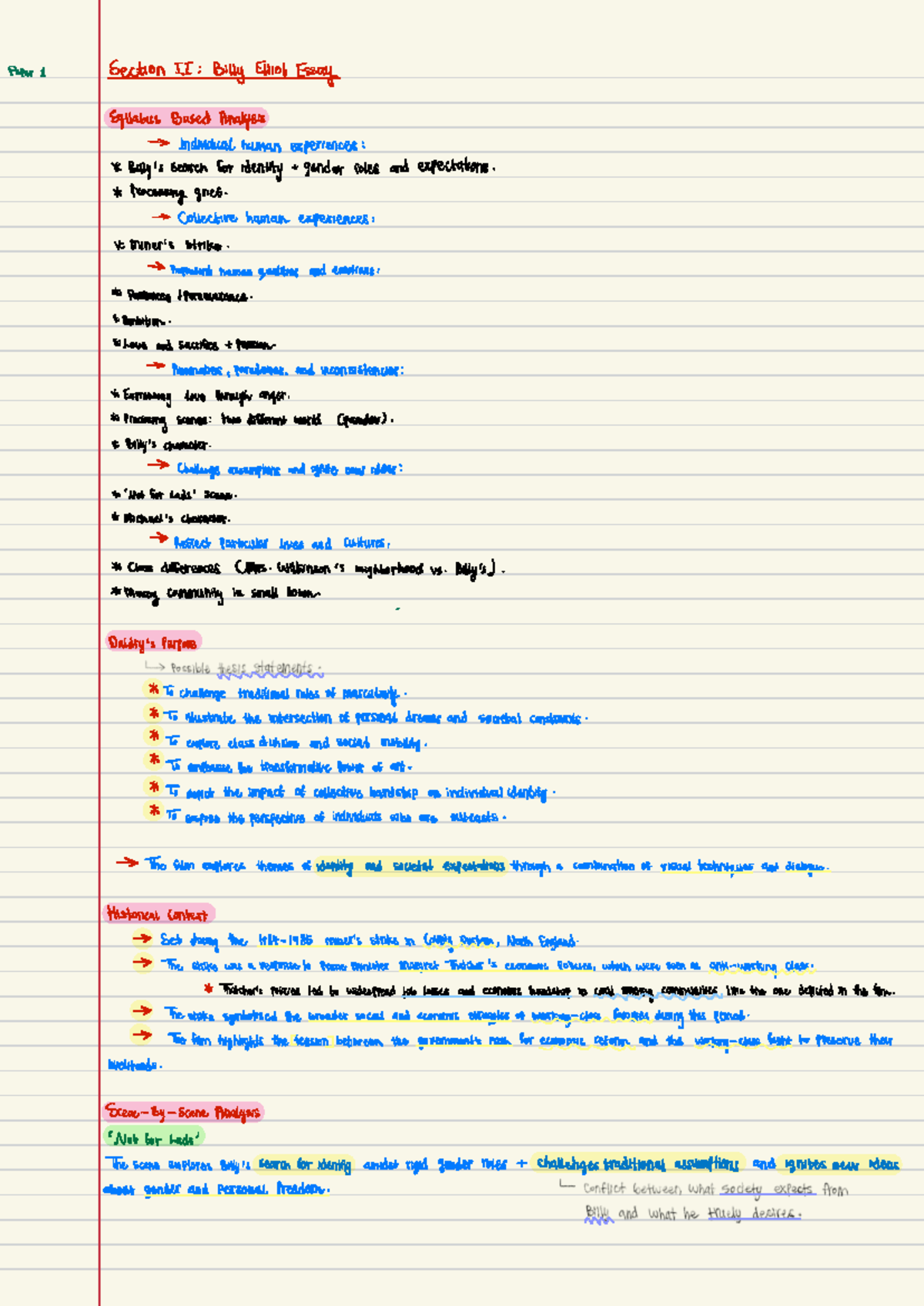 Billy Elliot Notes with Evidence - Paper SectionI : Billy Elliot Essay ...