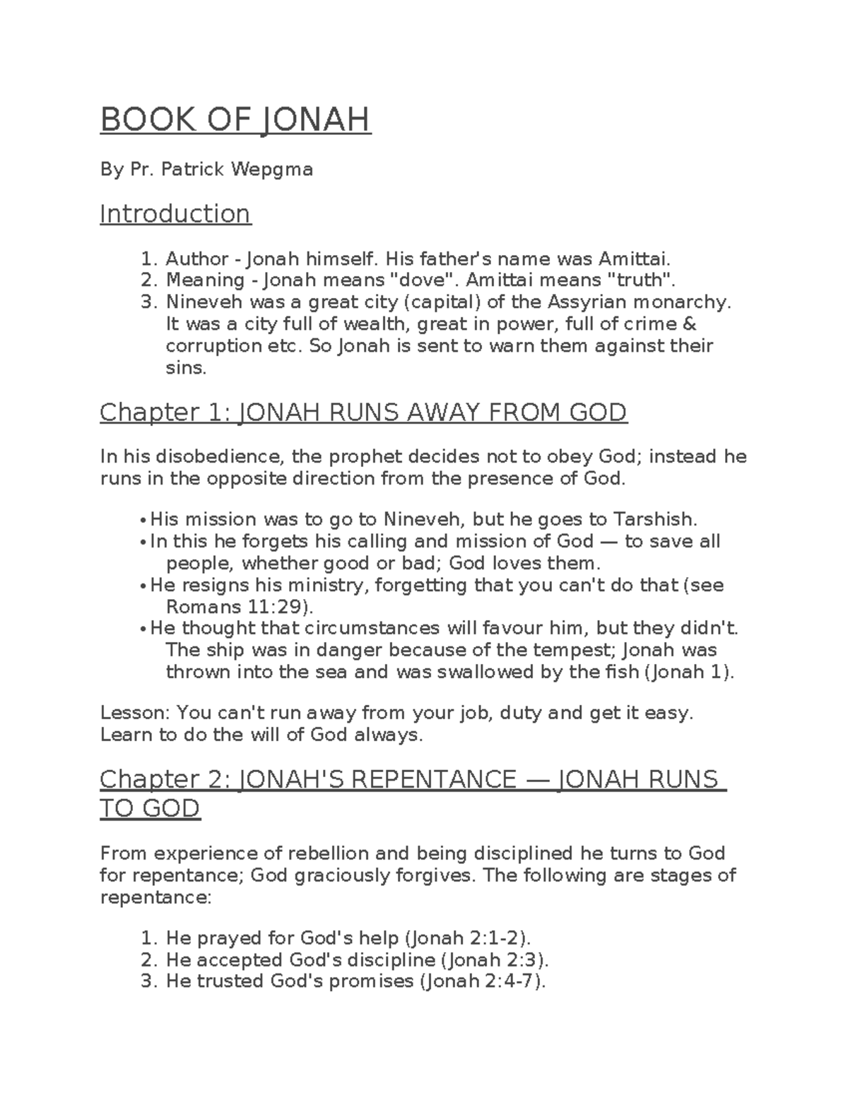 BOOK OF JONAH: A Study on Repentance and Obedience - Studocu