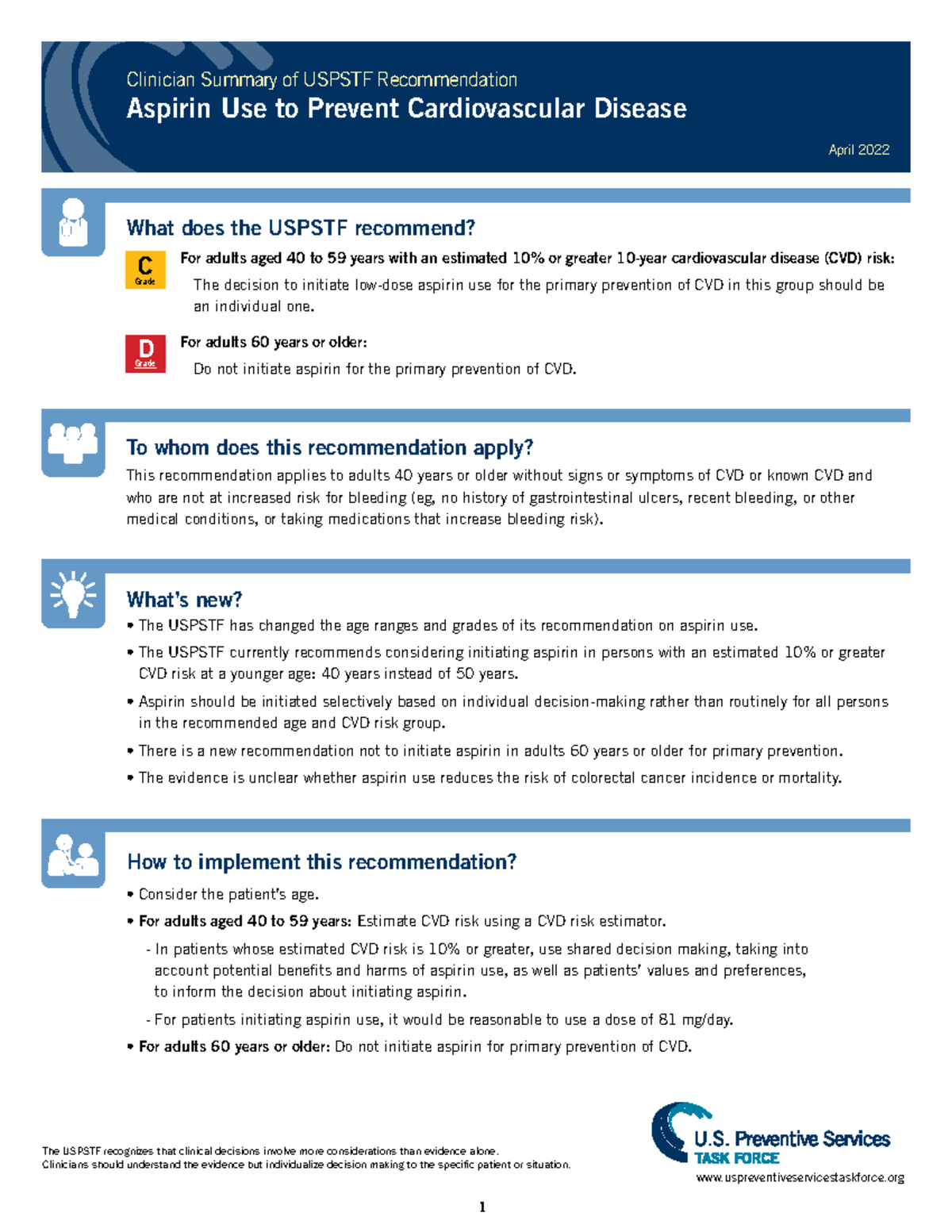Clinician Summary: USPSTF Aspirin Use for CVD Prevention (April 2022) - Studocu