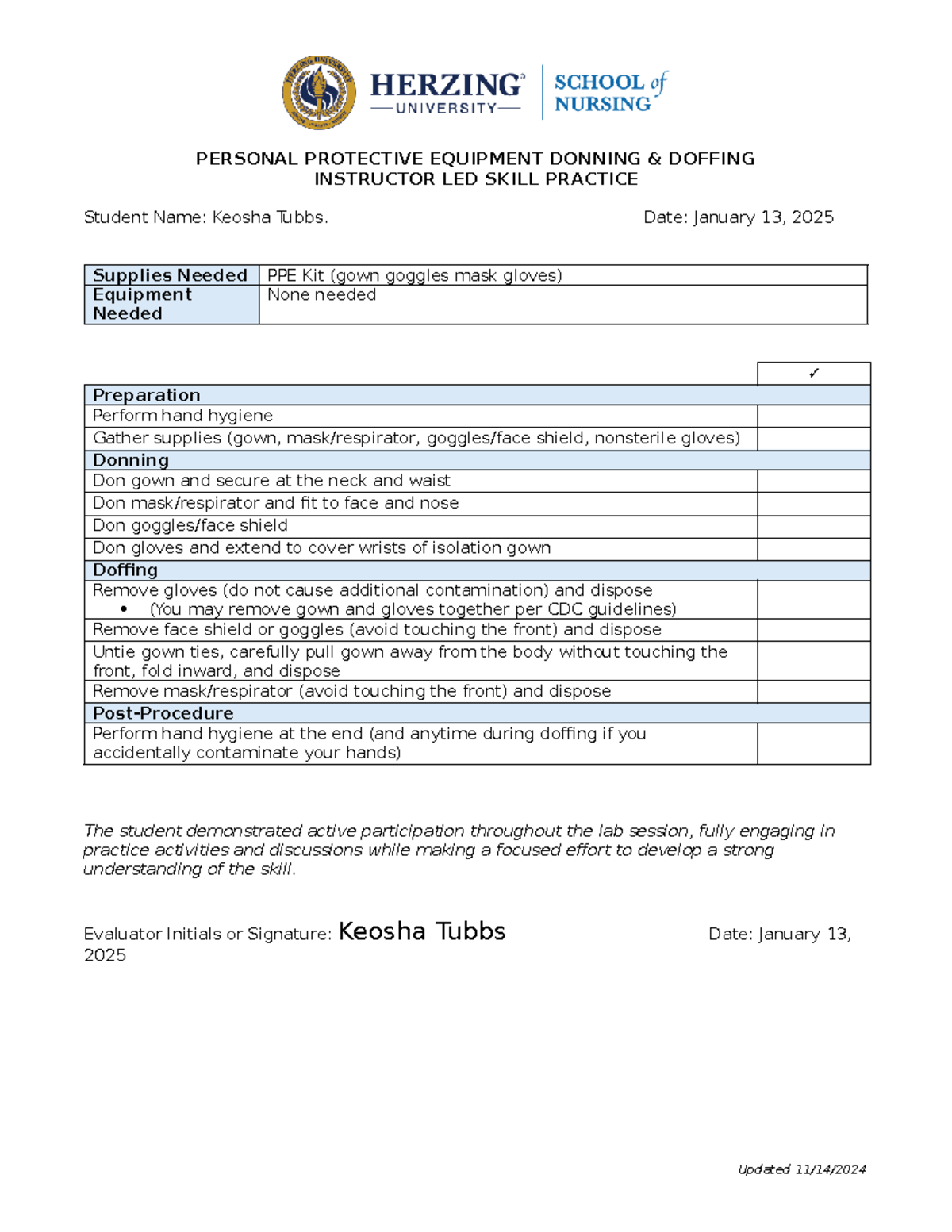 PPE Donning & Doffing Skills Practice - Lab Checklist 2025 - Studocu
