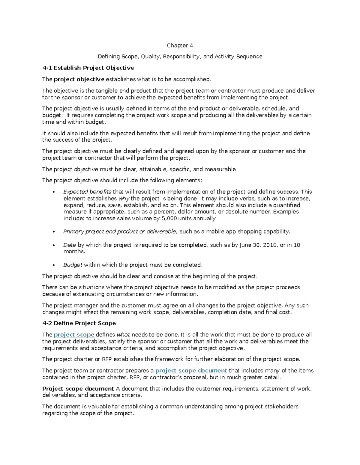 Chapter 4 - Defining Project Scope, Quality, and Objectives for Success - Studocu