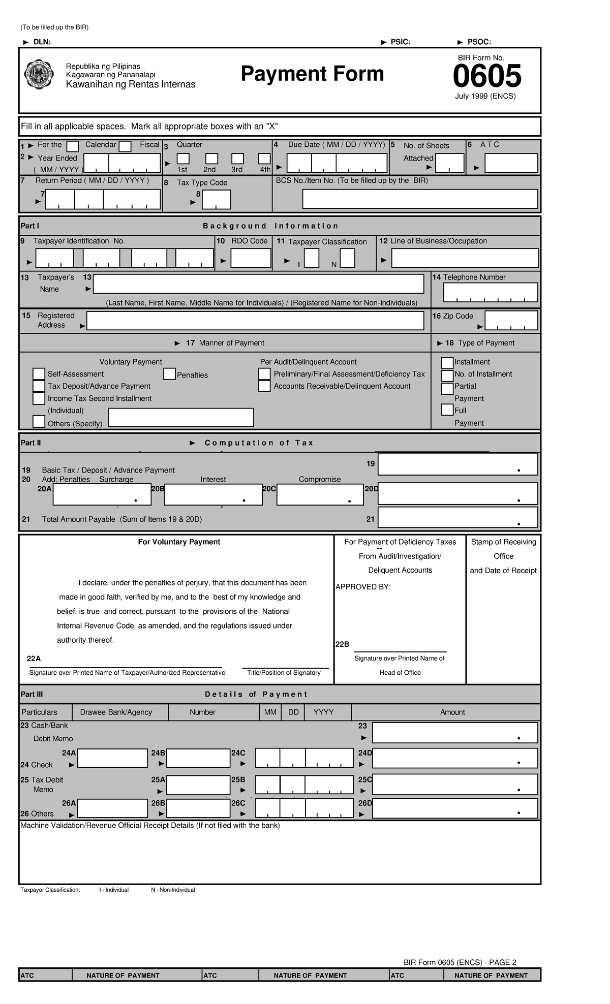 BIR Form 0605 Payment Guidelines and Instructions (Example) - Studocu